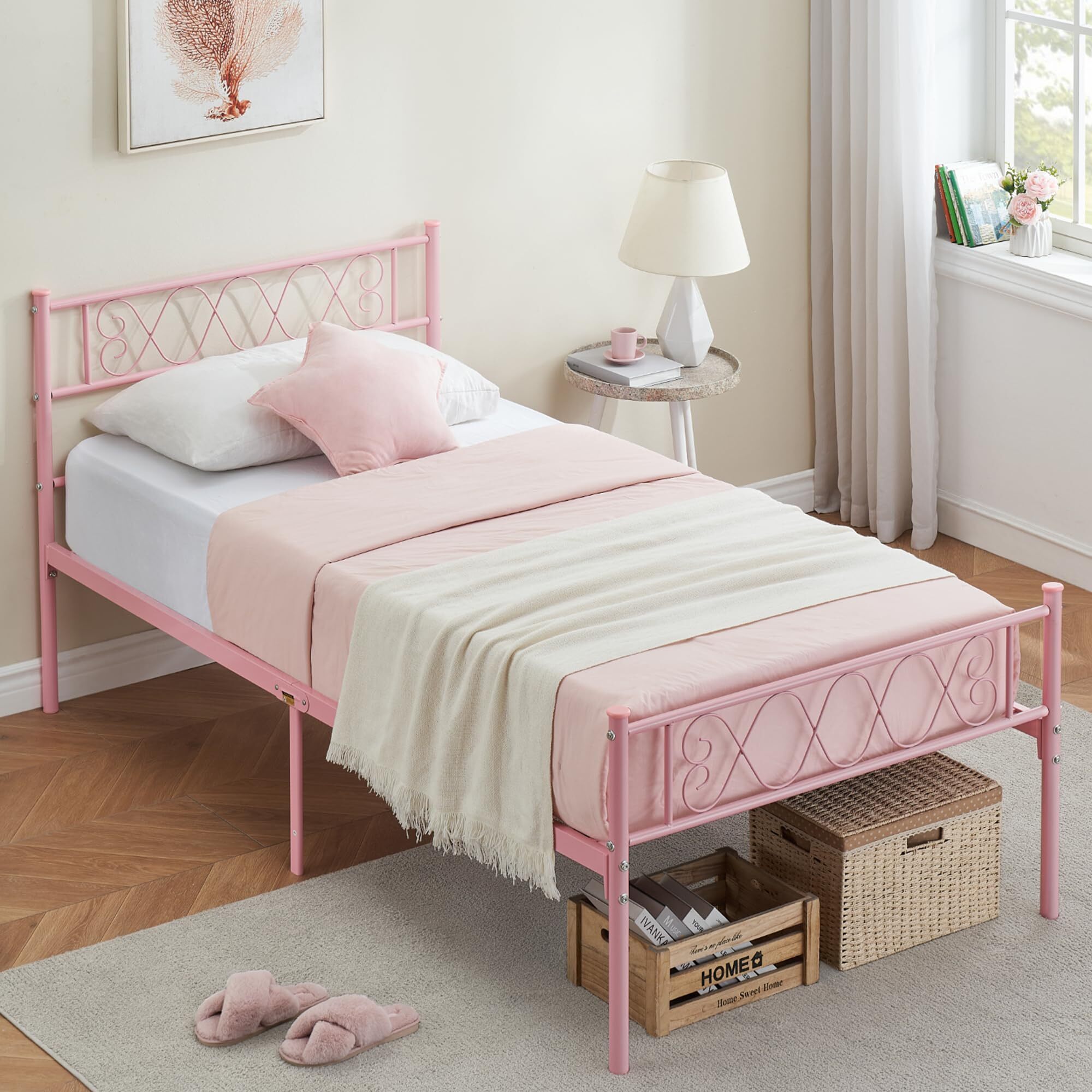 Garvee Twin Pink Metal Bed Frame with Headboard and Footboard for Girls ...