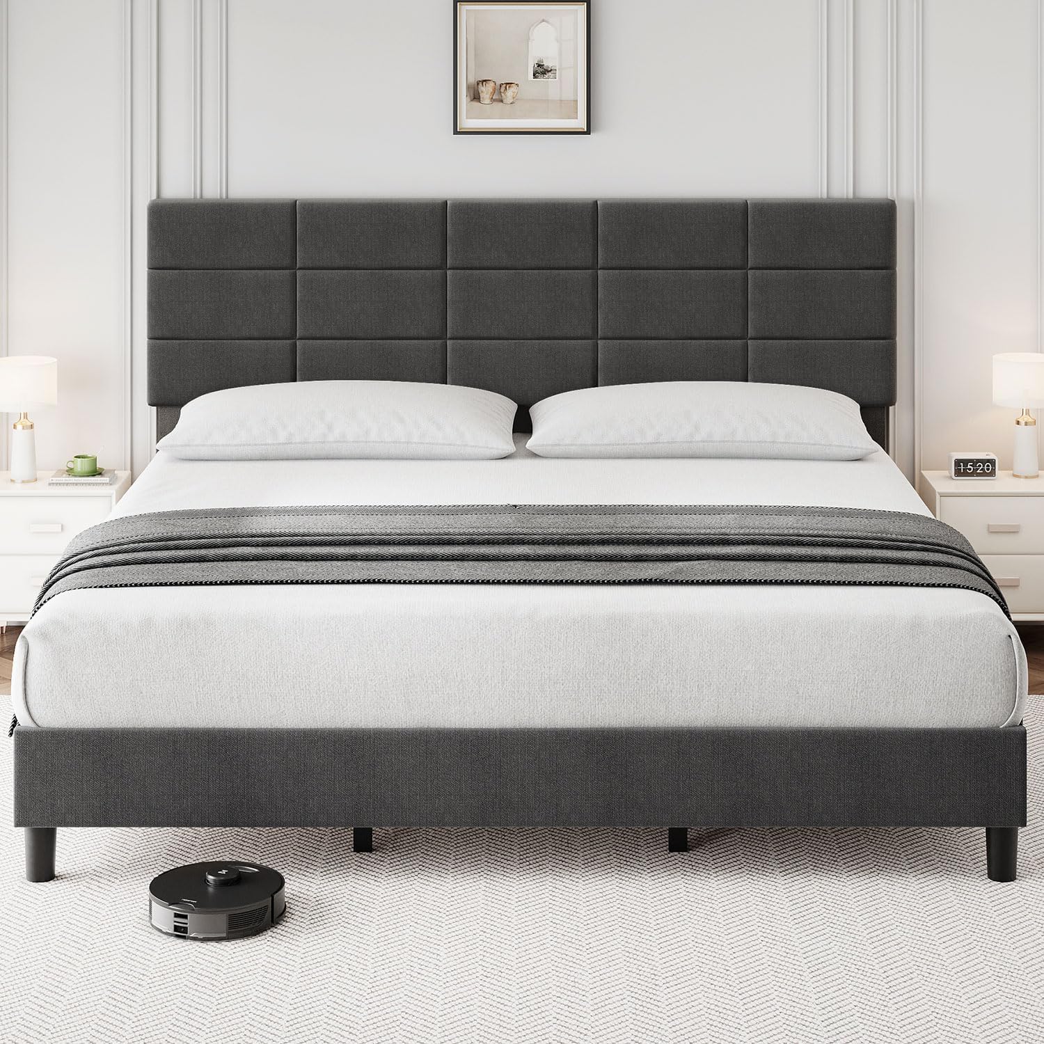 Garvee Bed Frame Upholstered Platform with Height Adjustable Headboard ...