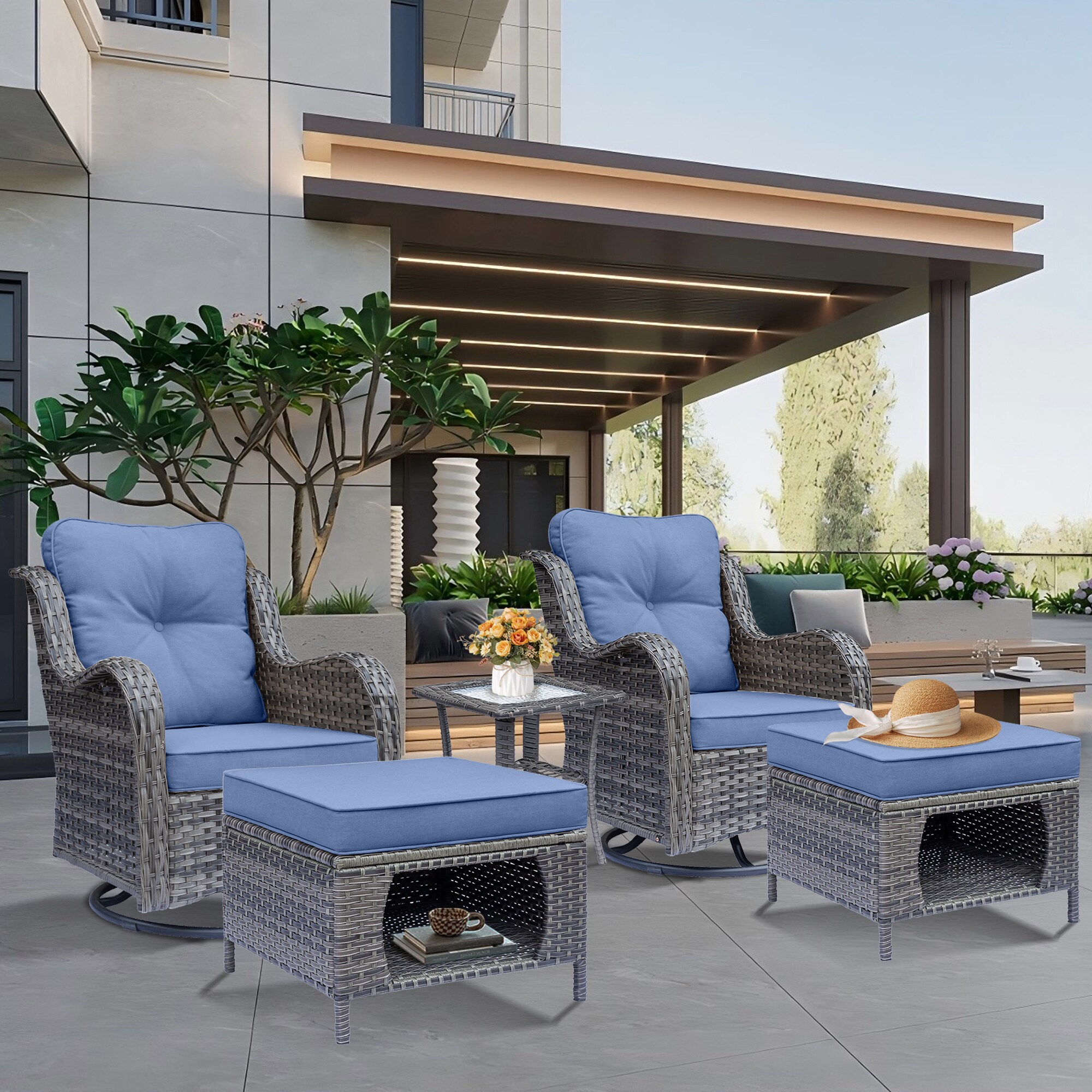 DWIOM 5-Piece Grey Wicker Outdoor Patio Conversation Swivel Chairs and ...