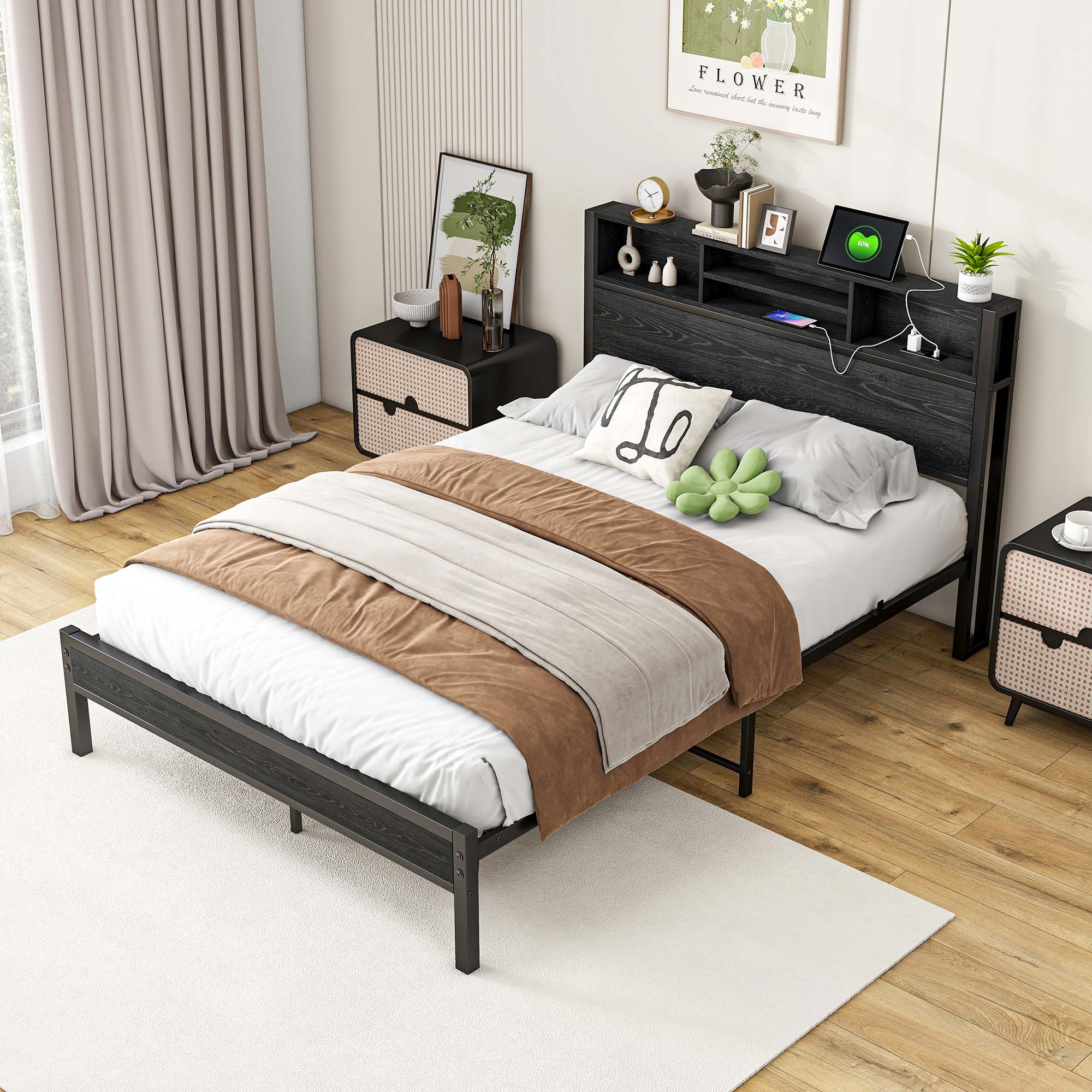 Clihome Full Black Metal Bed Frame with Headboard in the Beds ...