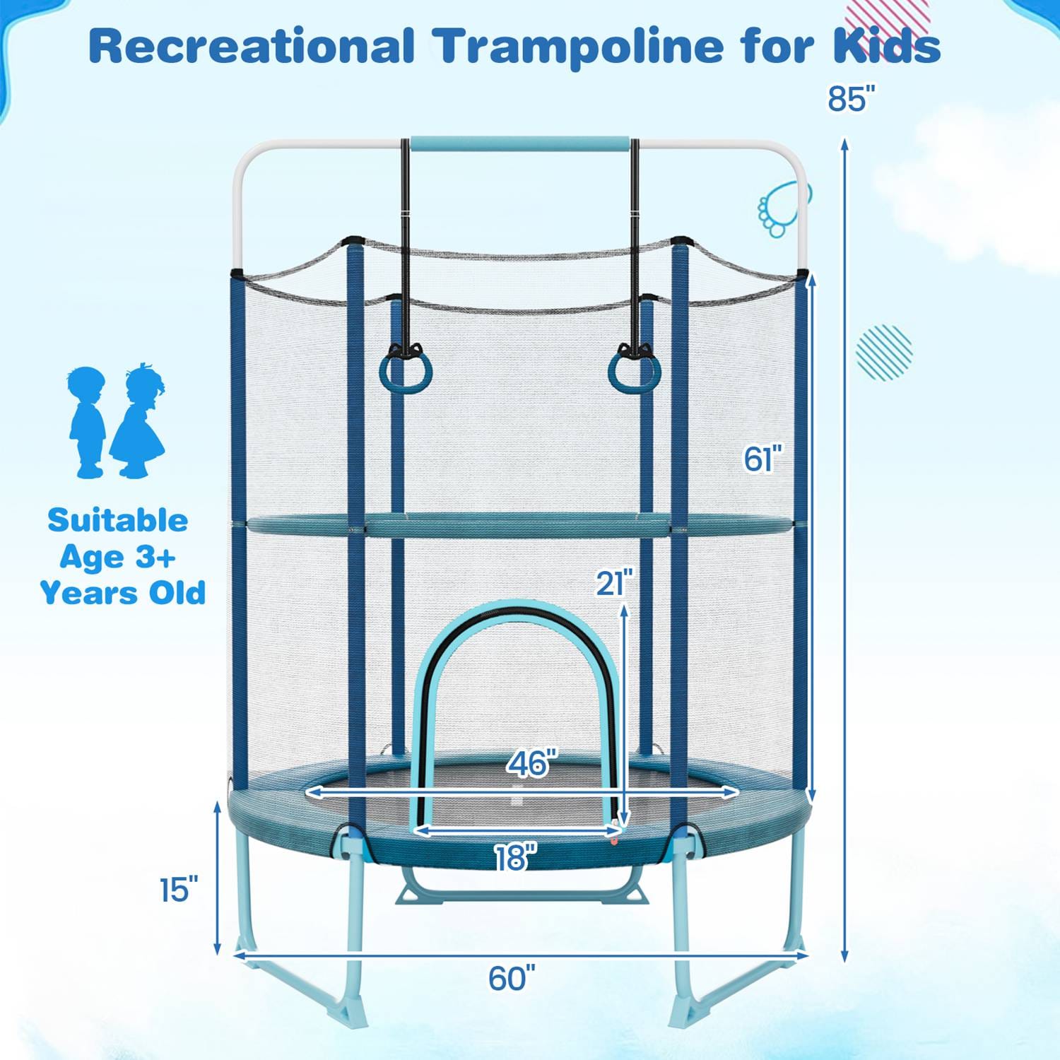 Costway 60 inches Trampoline for Kids with Gymnastic Bar Rings Foamed ...