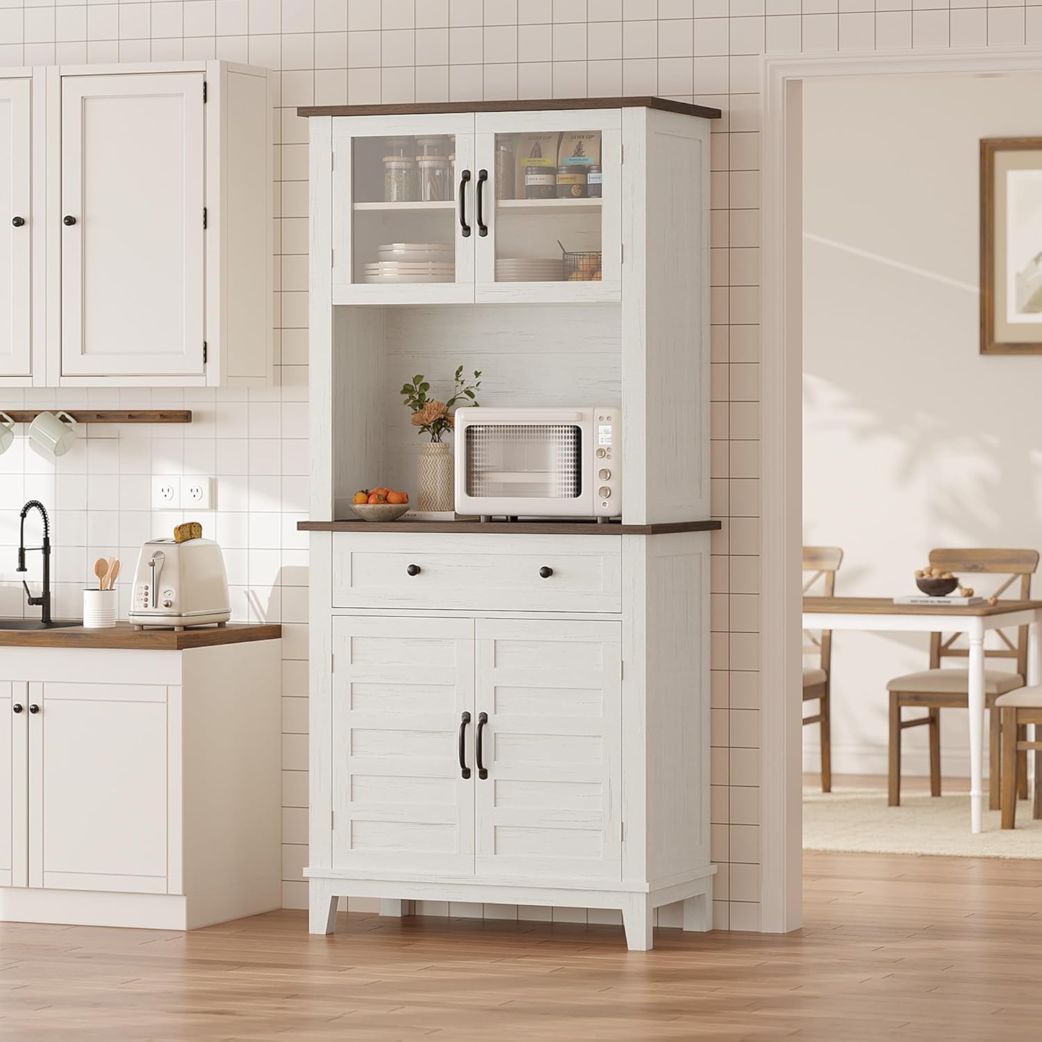 Garvee 72in Pantry Cabinet with Storage Drawers 2 Glass Doors Farmhouse ...