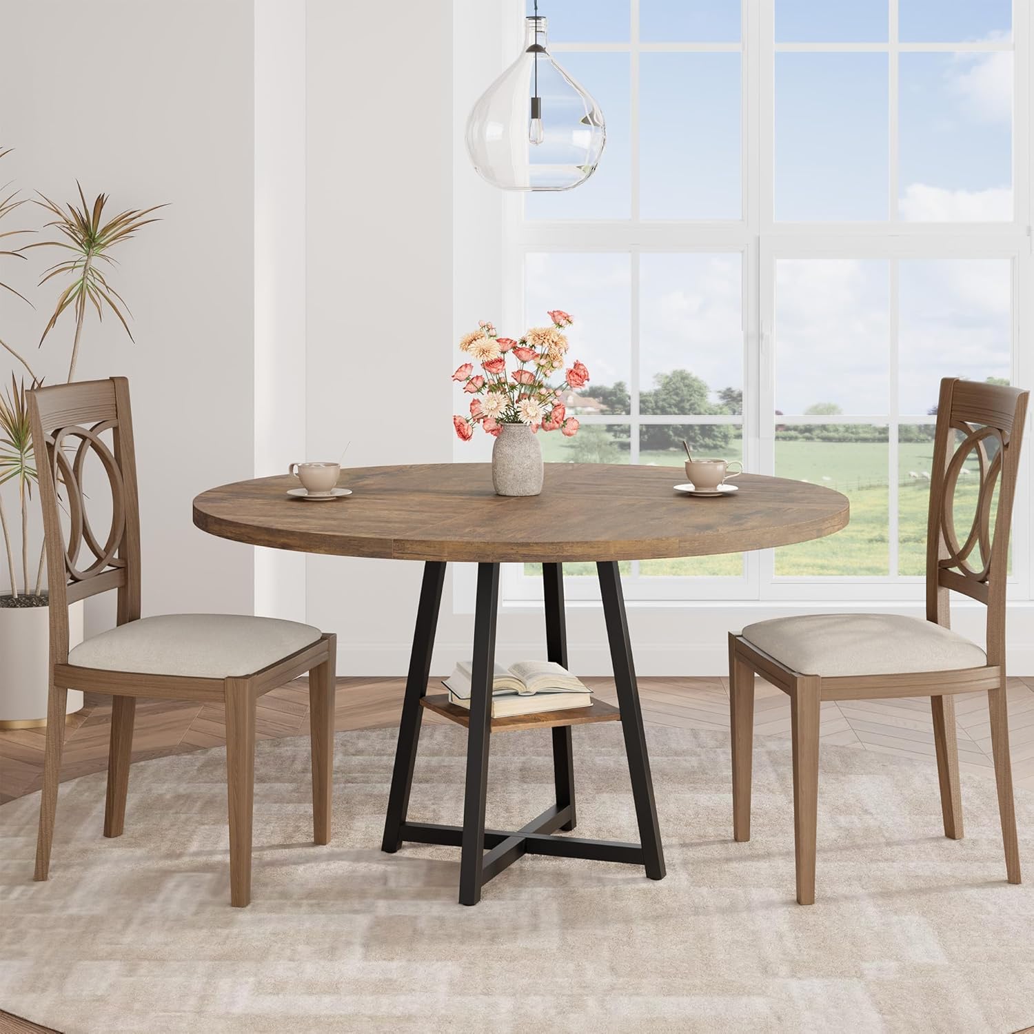 Qeetex Industrial Round Dining Table 47 Inch Kitchen Table Set for 4 to ...