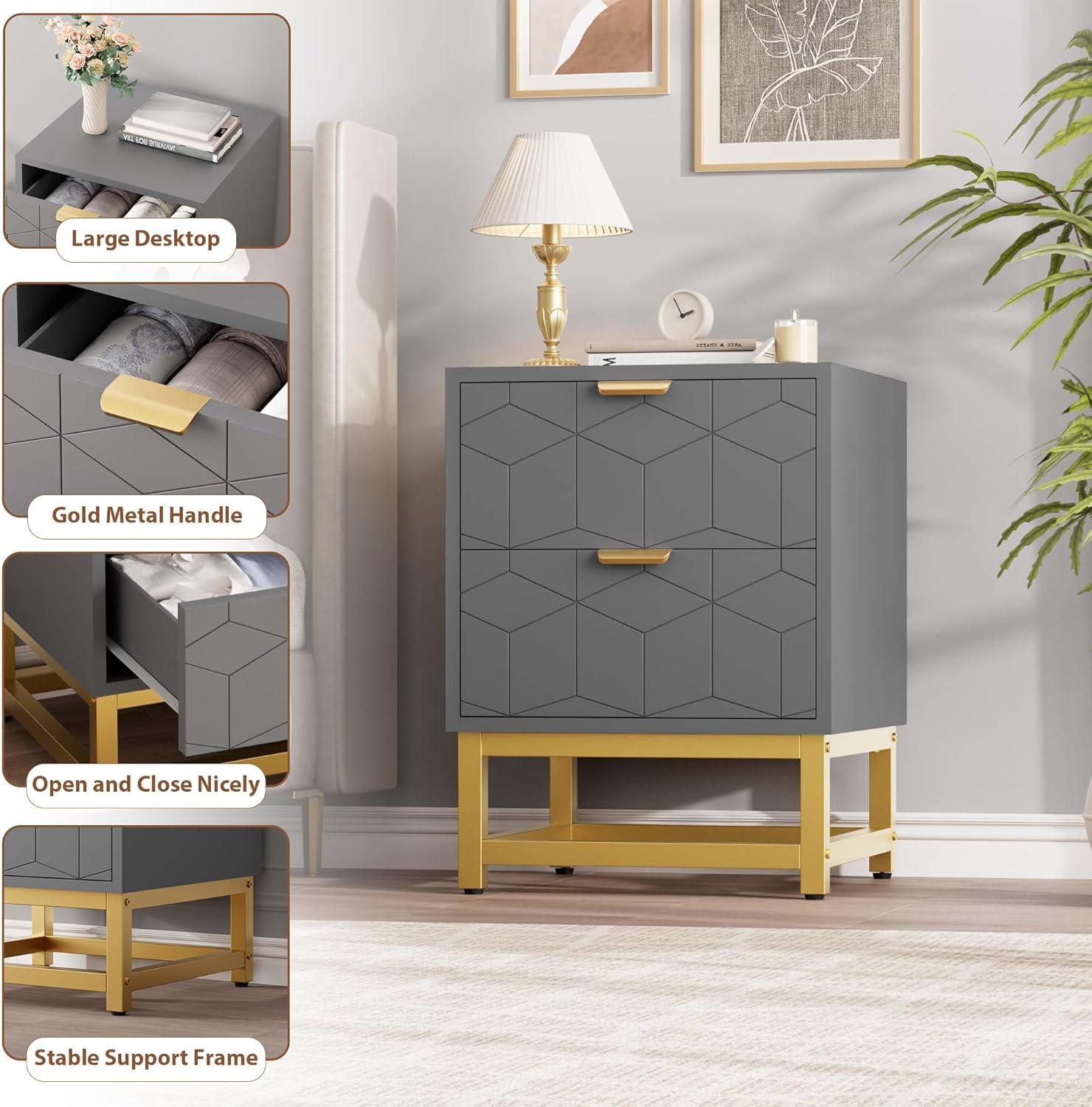 GAOMON Grey Two Drawer Small Dresser Nightstand End Table with Drawer ...