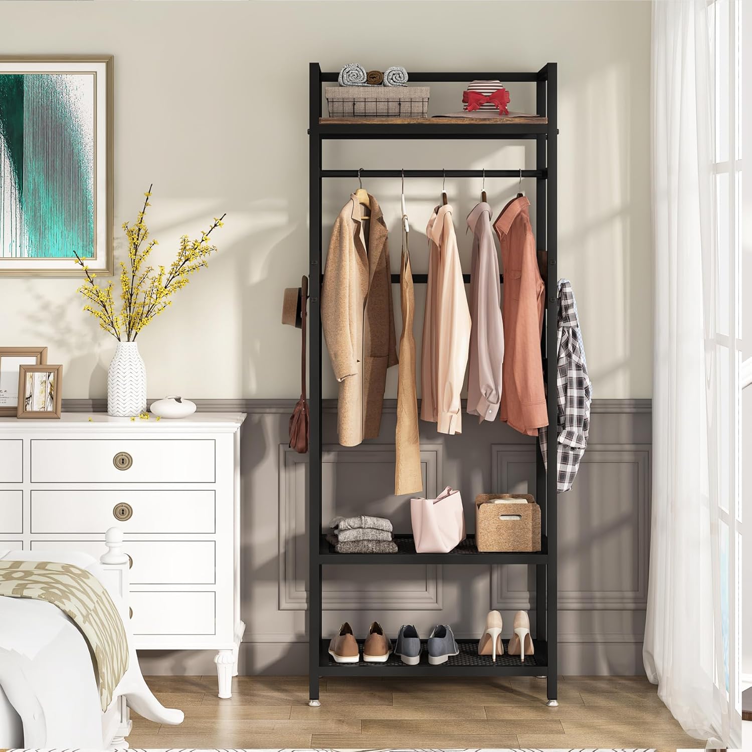 LOVMOR 22.75Inch Rustic Brown and Black Small Clothes Rack Heavy Duty ...