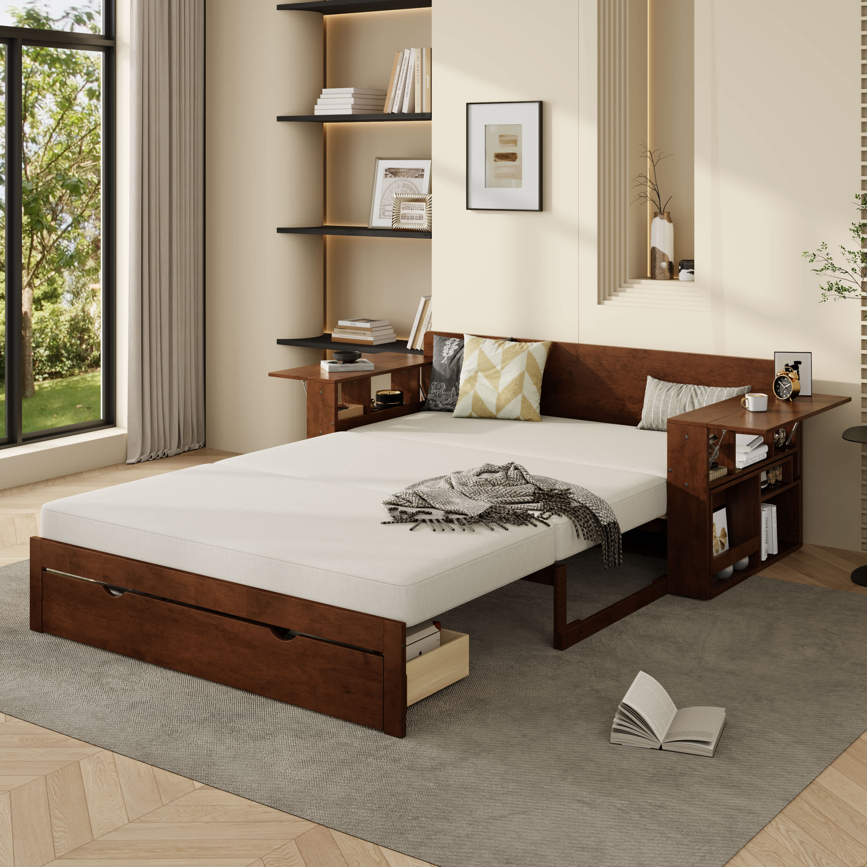 Vynxaria Full Size Daybed with Removable Desk Storage Drawers Hydraulic ...