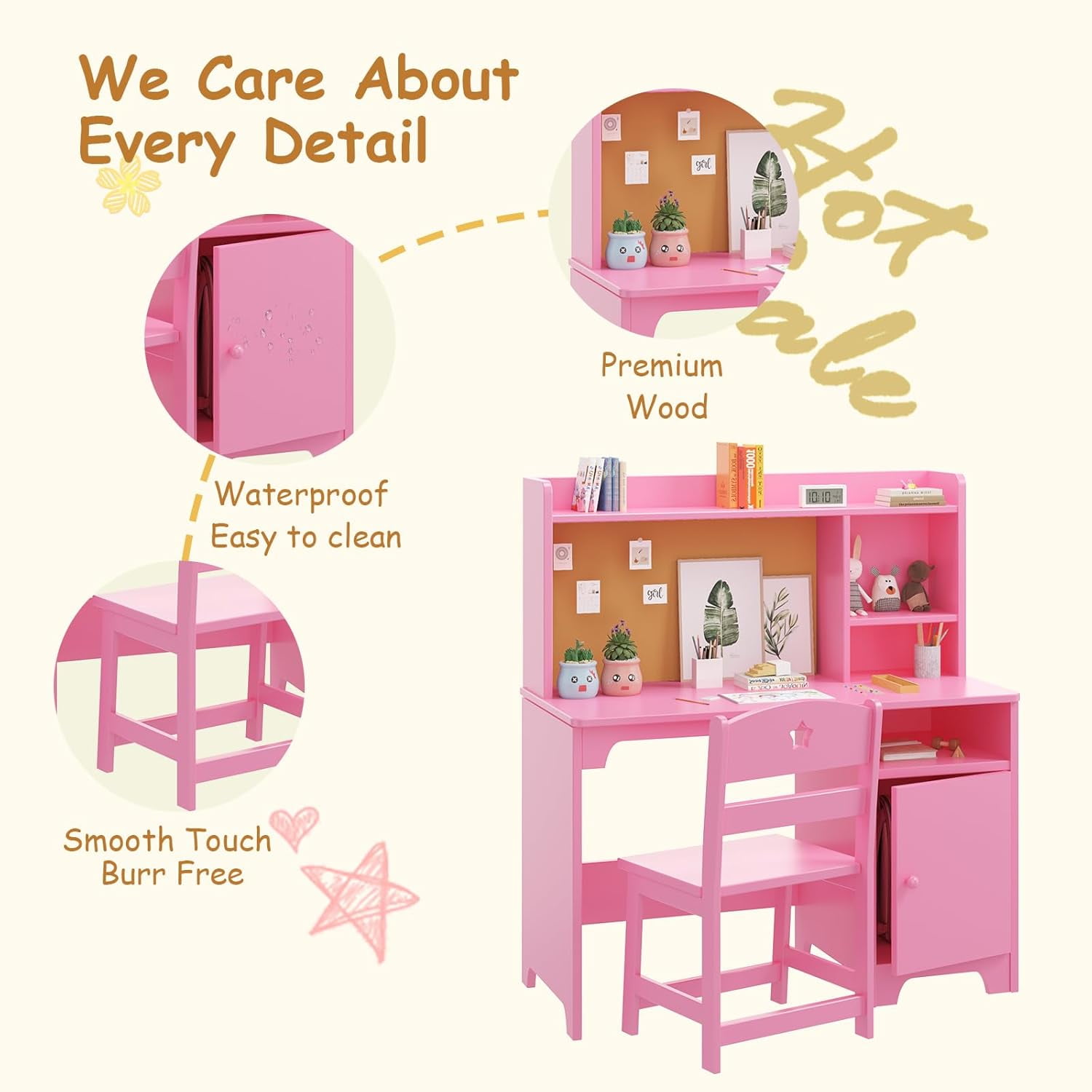 IdealHouse Wooden Study Desk With Chair- Pink Hutch And Storage Cabinet ...