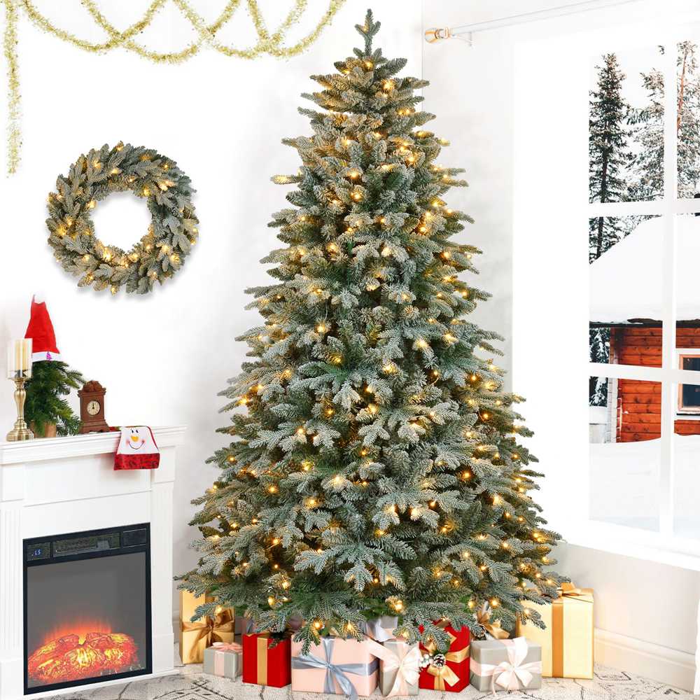 Runesay 7-ft Flocked White Artificial Christmas Tree with White LED ...