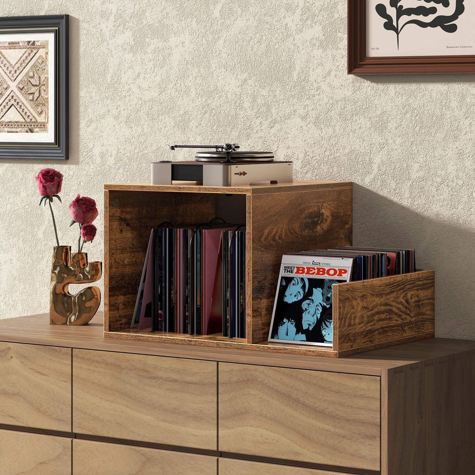 Slickblue Rustic Brown Record Player Stand with USB AC Charging Station ...
