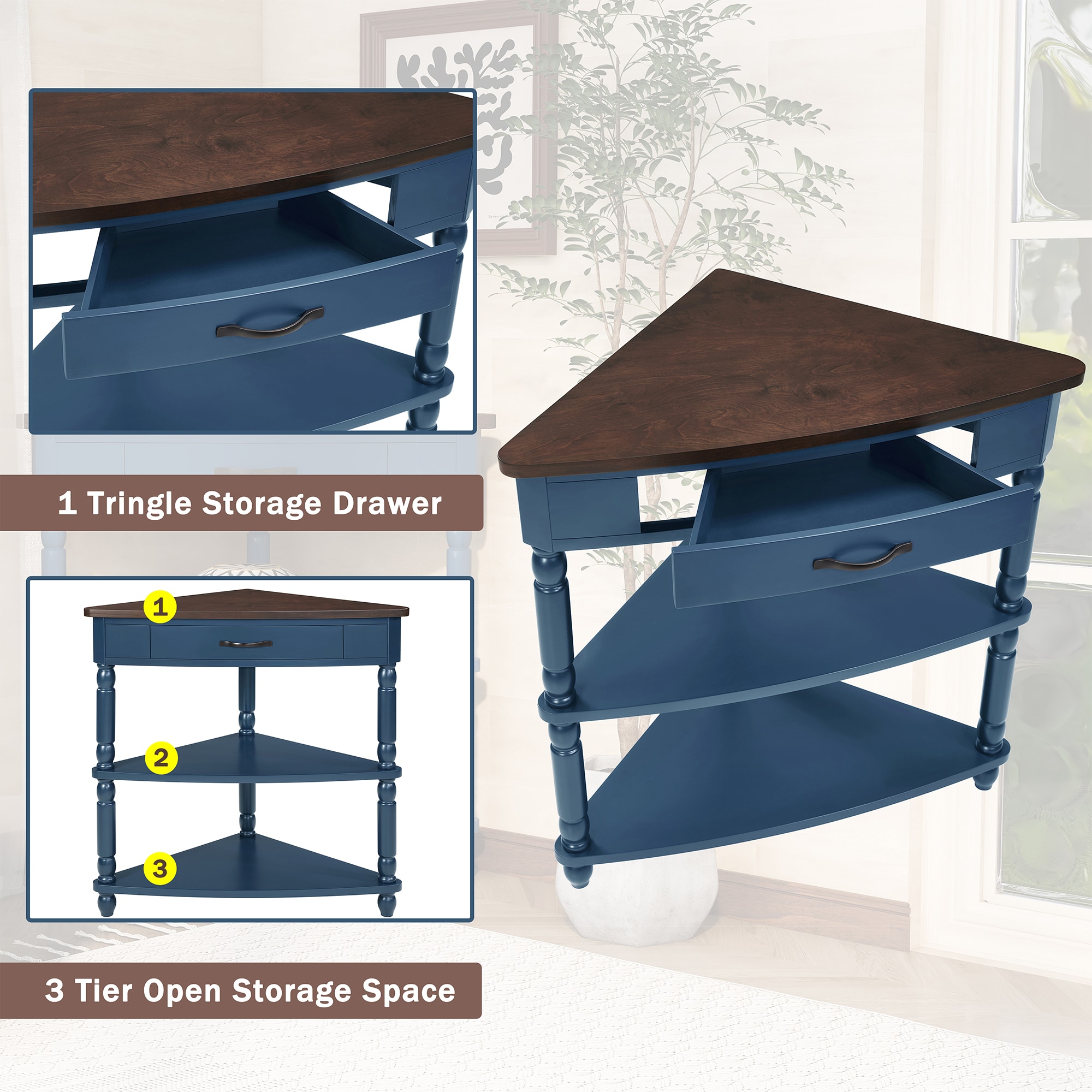 LOVMOR 33 8inch Small Triangle Corner Table Wood Corner Side Table 3 ...