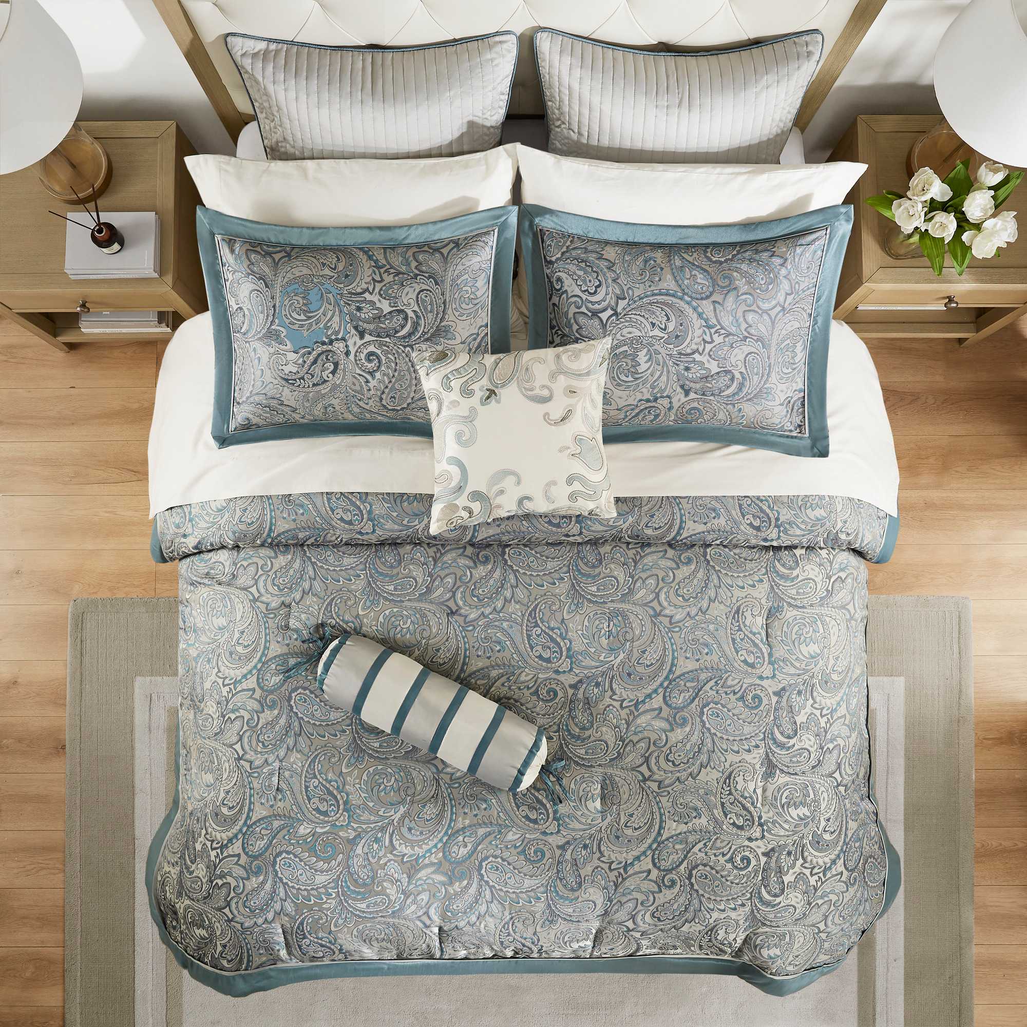 Vynxaria Teal Grey Paisley King Bedding Sets 12 Piece Comforter ...