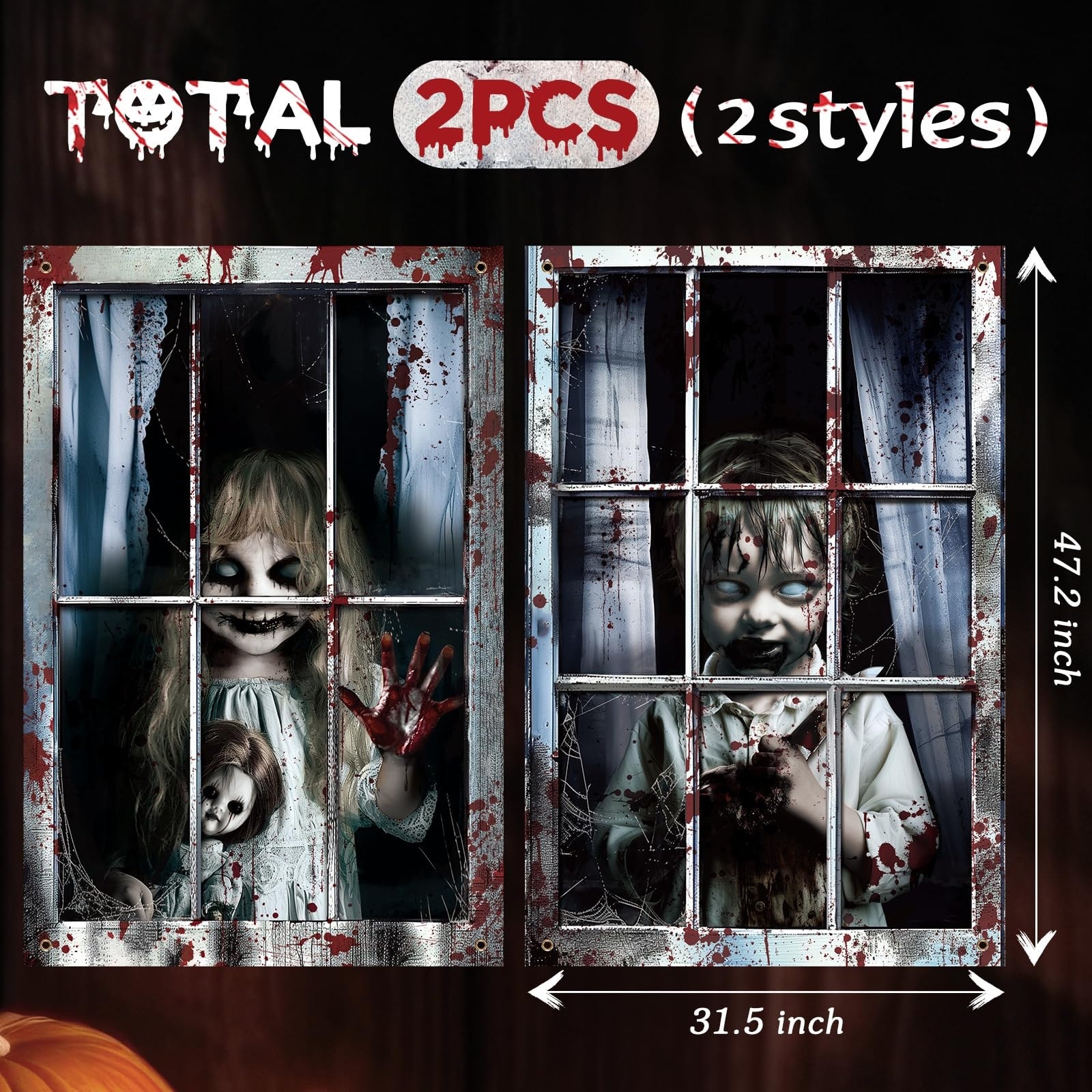 LAIFUCAM 2 pcs Halloween Boy Girl Scary Curtains Black White Polyester ...