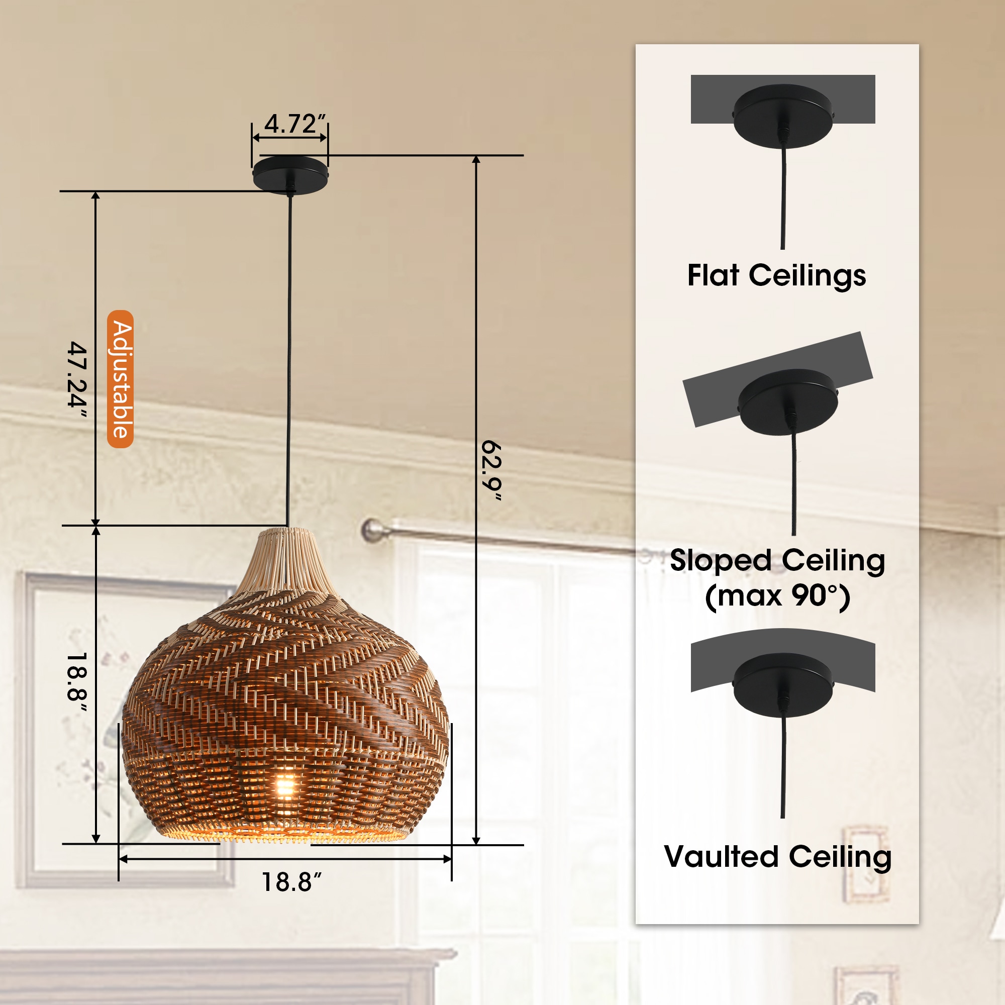 Parrot Uncle 1 -Light Black Farmhouse Rattan Bell Medium Hanging ...