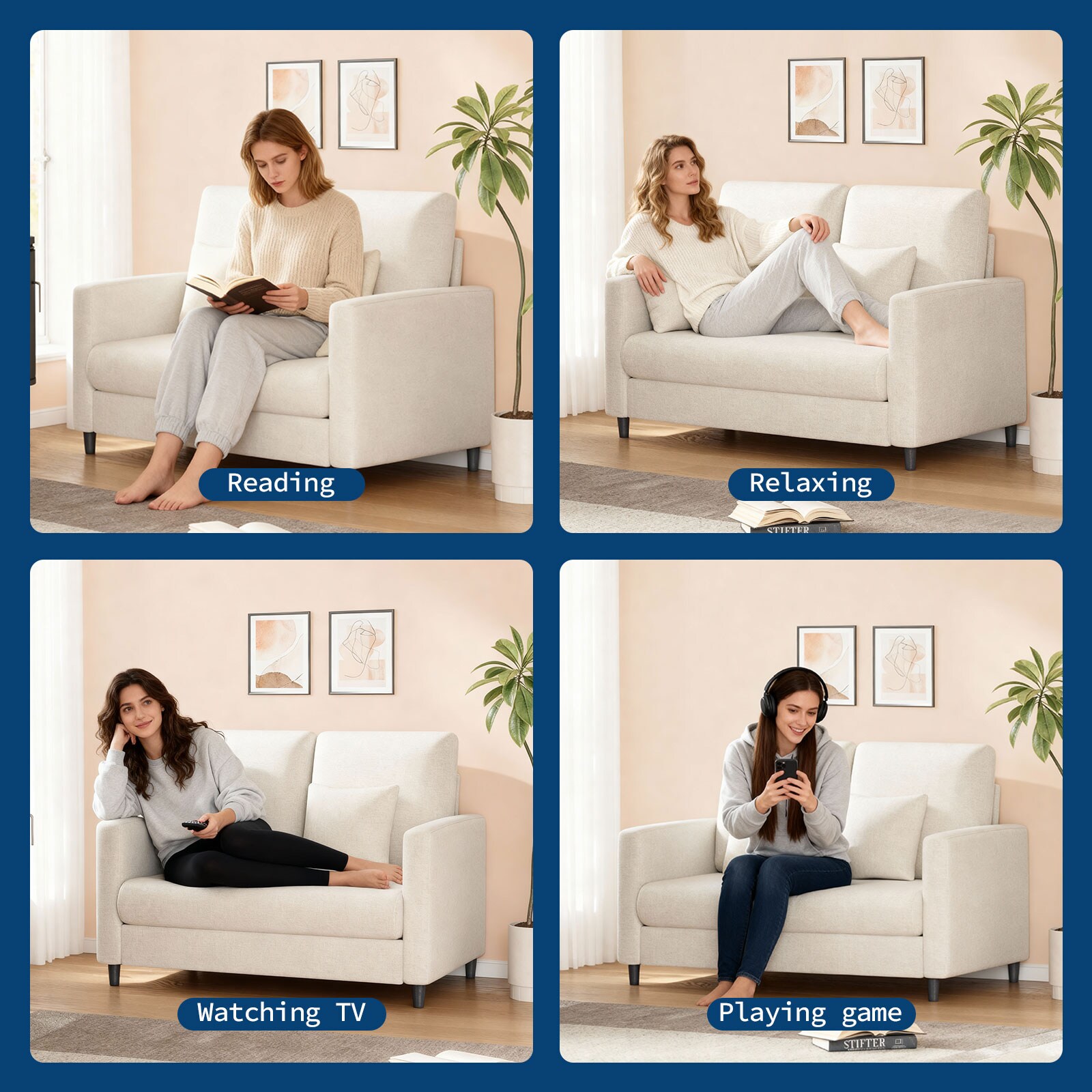 Assile Beige 2 Person Sofa Small Legs Semi Compressed Couch Modern ...