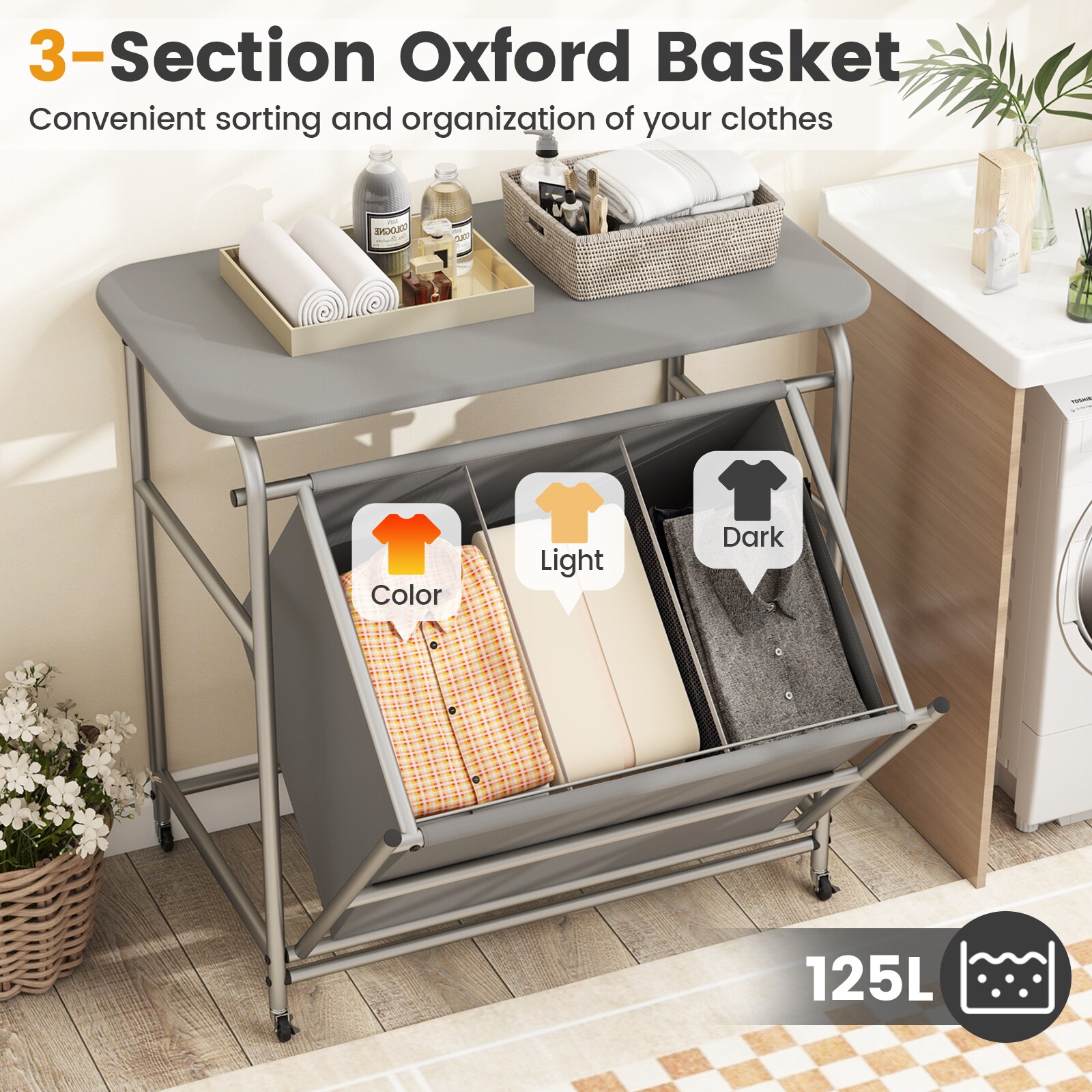 Slickblue 3 Section Laundry Sorter with Foldable Ironing Board and ...