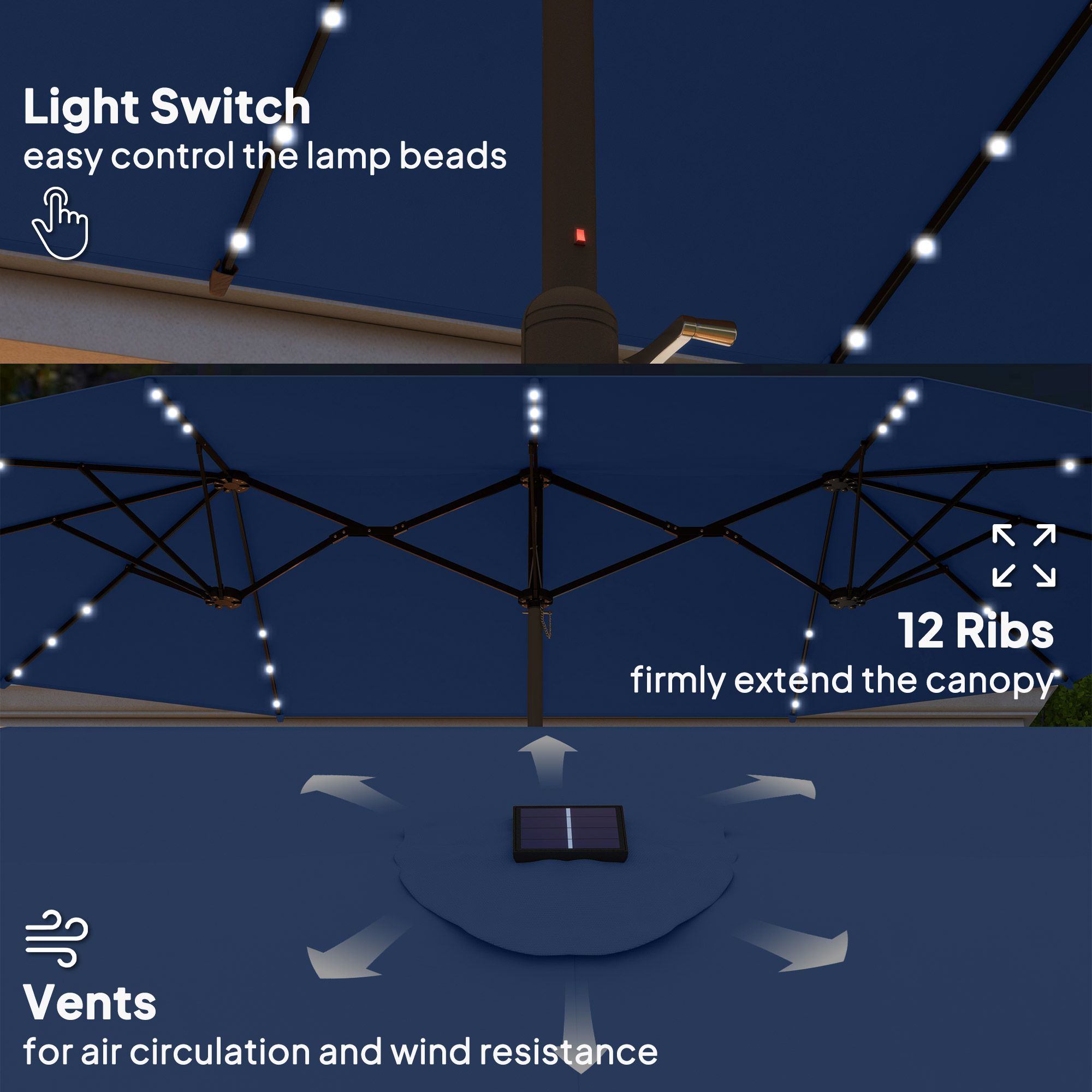 JUSHUA 14 point 4 ft Double Sided Solar LED Patio Umbrella with Base ...