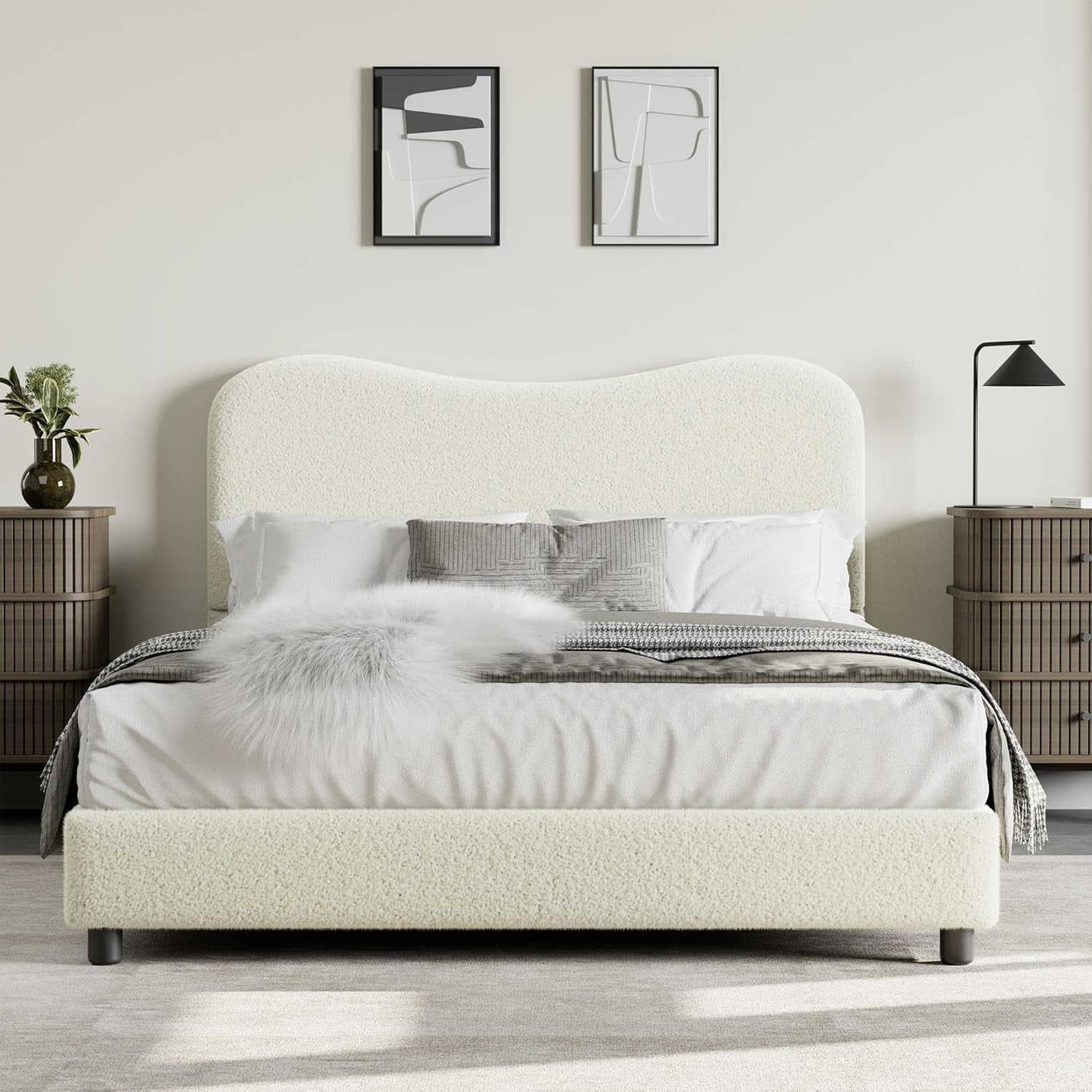 GAOMON Full Platform Bed Metal Frame Wooden Slats Sherpa Fabric ...