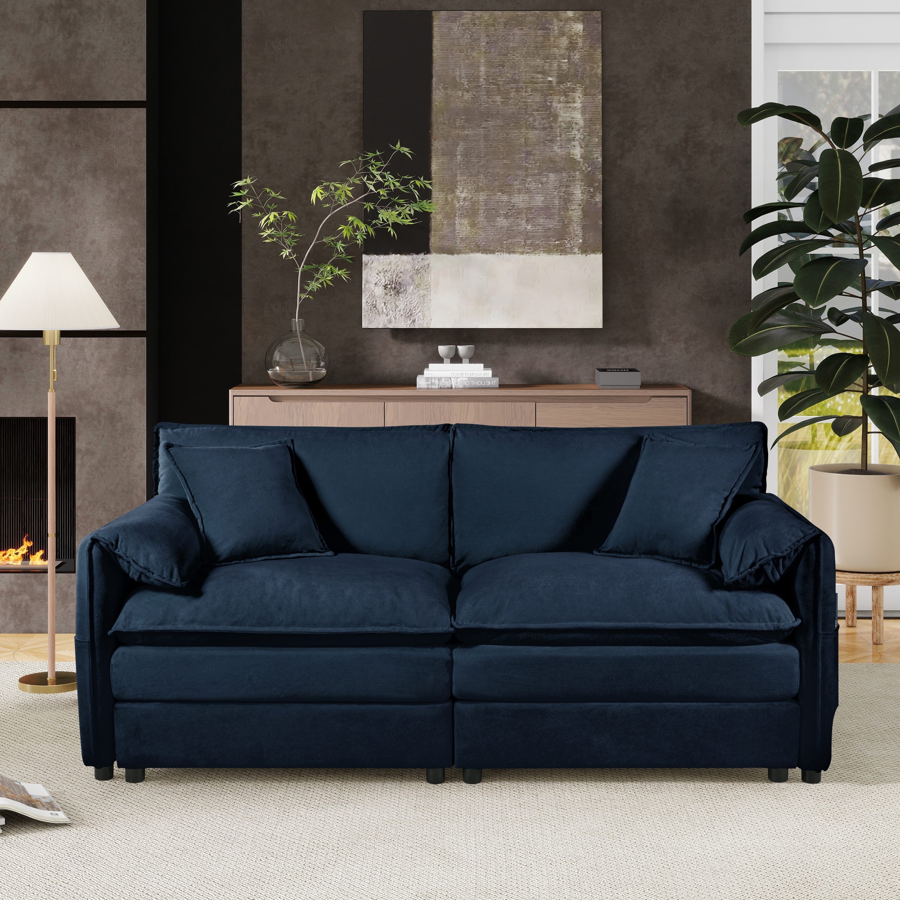 LOVMOR 2 Seat 29.92inch Modular Deep Seat Loveseat Chenille Blue Couch ...