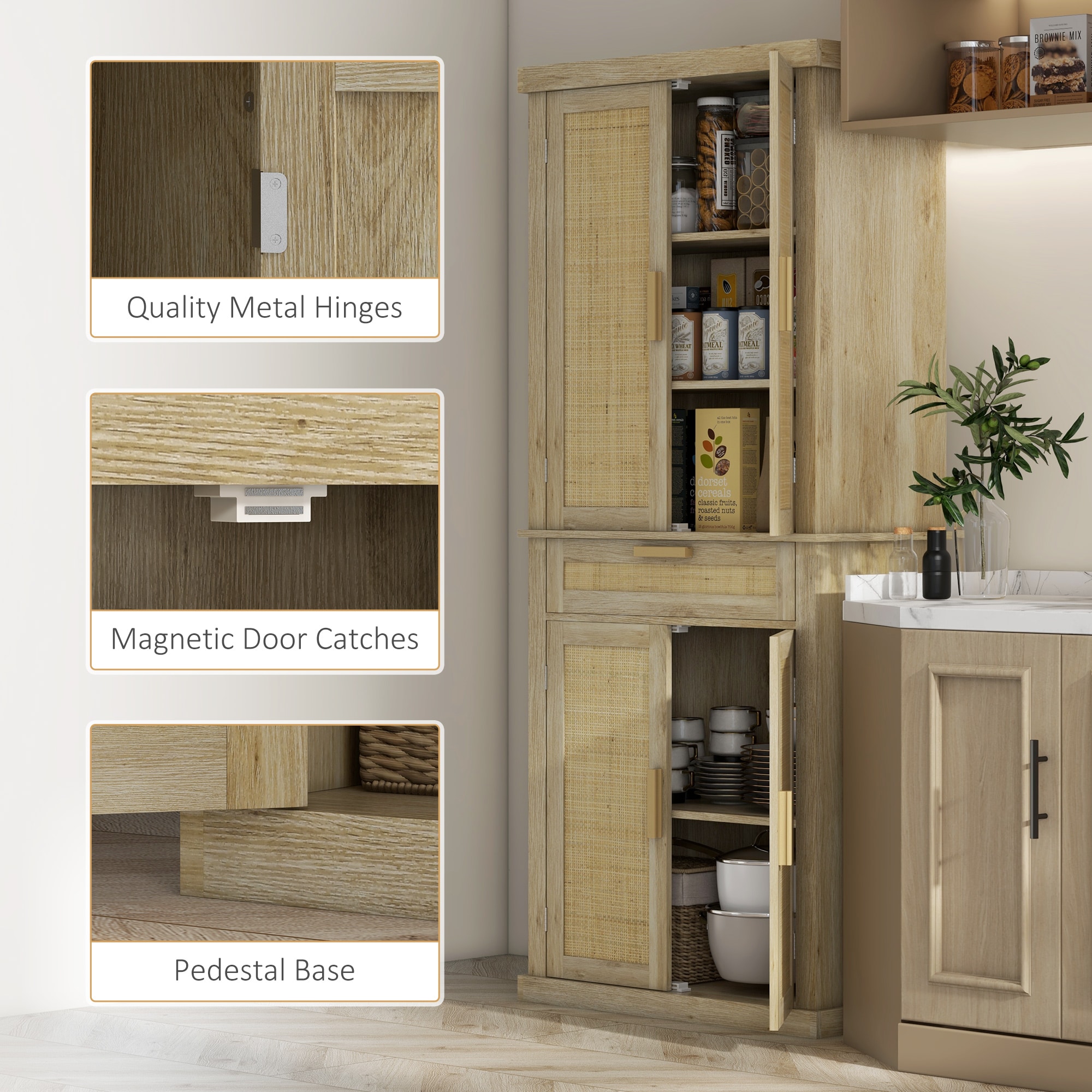 HomCom 72in Tall Kitchen Pantry Cabinet with Rattan Panels Freestanding ...