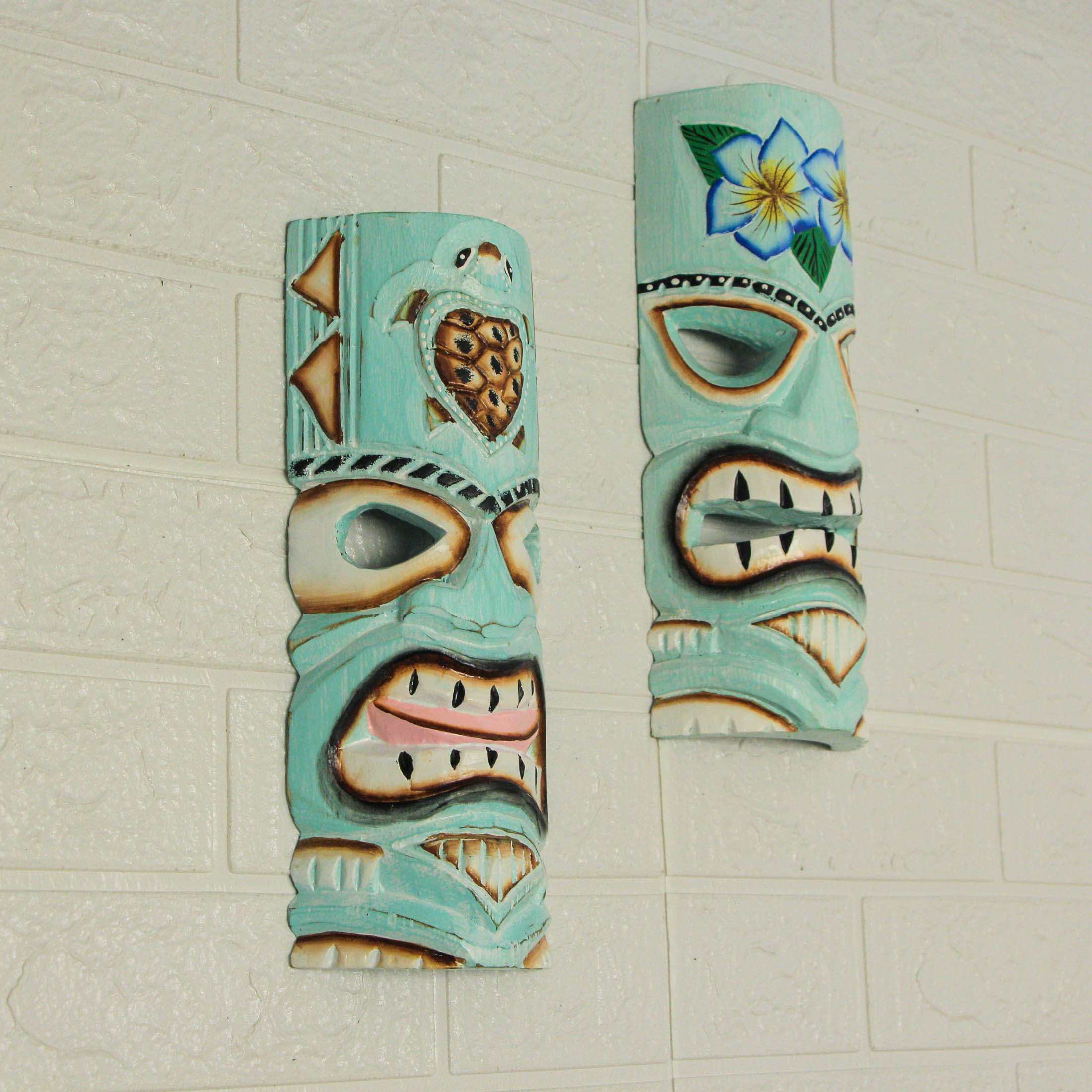 Chesapeake Bay Handcrafted Aqua Blue Tiki Wall Masks Set - Hibiscus ...
