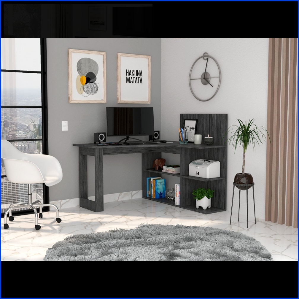 SunJet Desks L Shaped Writing Computer Desk with 5 Open Shelves Hutch ...