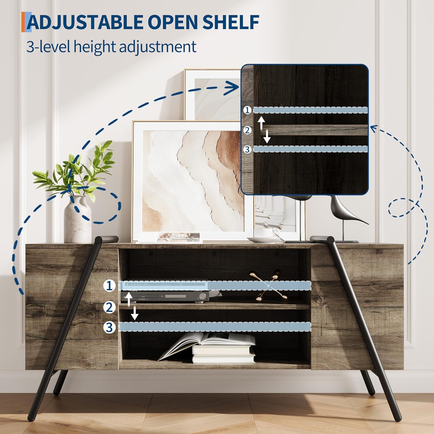 Qeetex 47 inch TV Stand Entertainment Center with 6 Open Storage ...