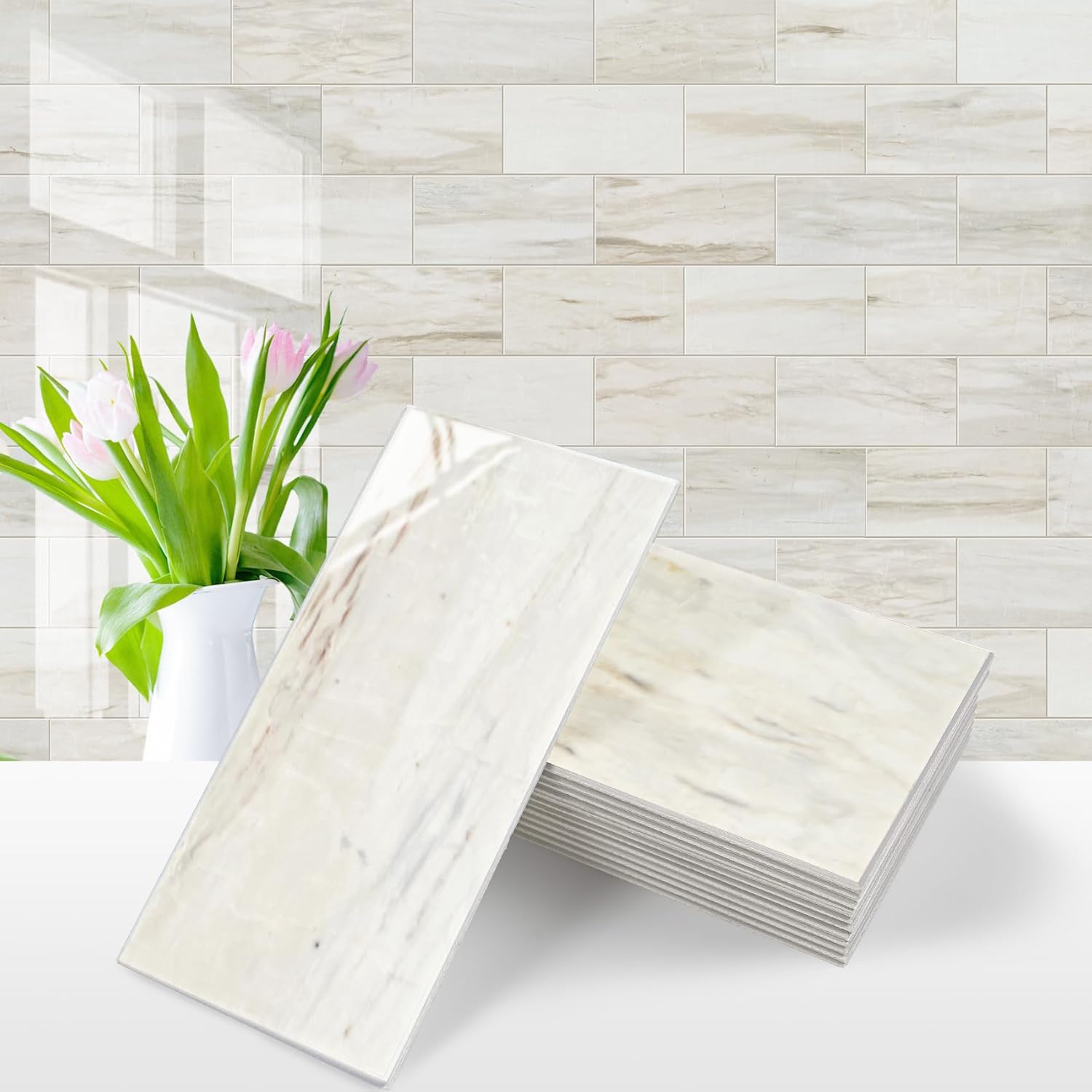 STICKGOO Tile 100 Piece 3x6 Inch Glossy Wooden Marble Grain Peel and ...