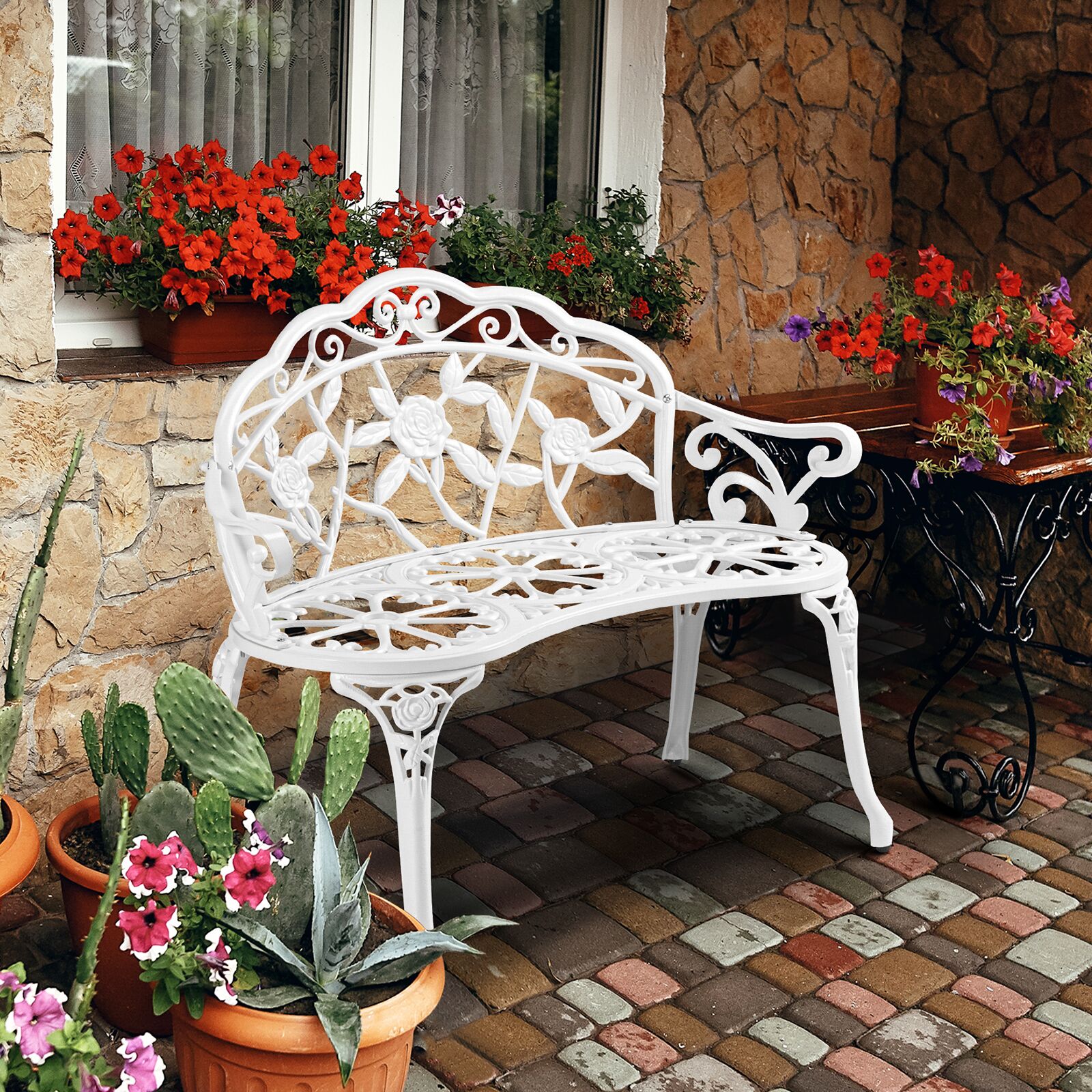 VINGLI 38.5W x 31H White Anti-Rust 2-seater Patio Metal Rose Bench in ...