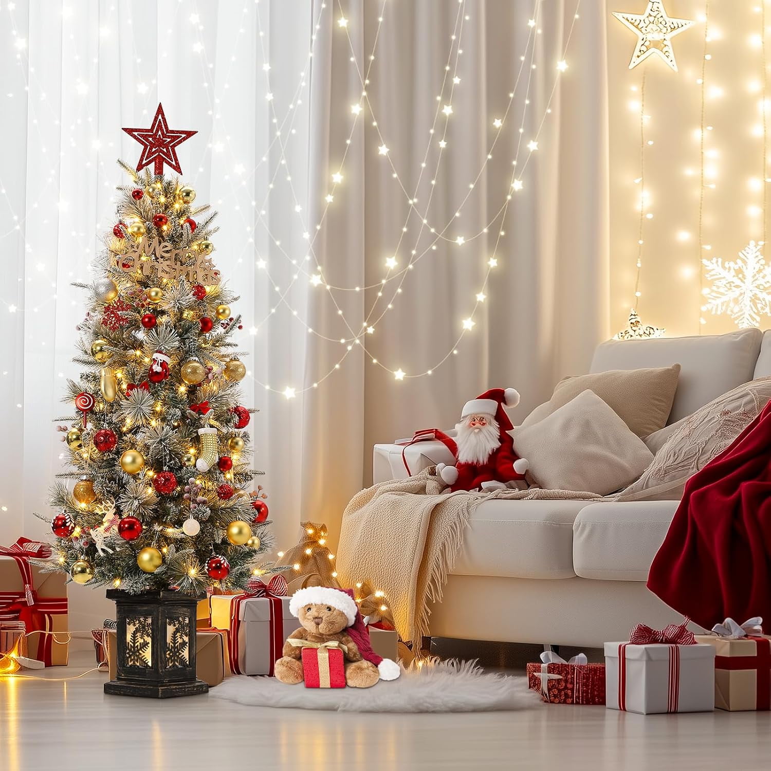 Garvee Artificial Christmas Tree 4.5 Ft Pre-Lit Snow Flocked Christmas ...