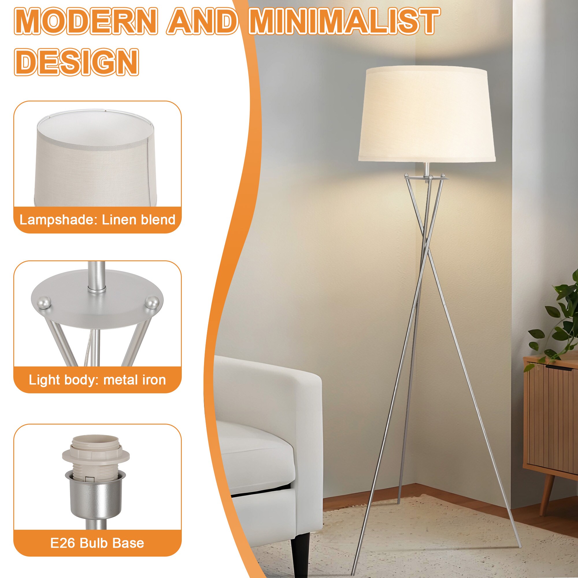 Dreamsidea 57.4 Inch Floor Lamp Tripod Modern Silver with Foot Switch ...