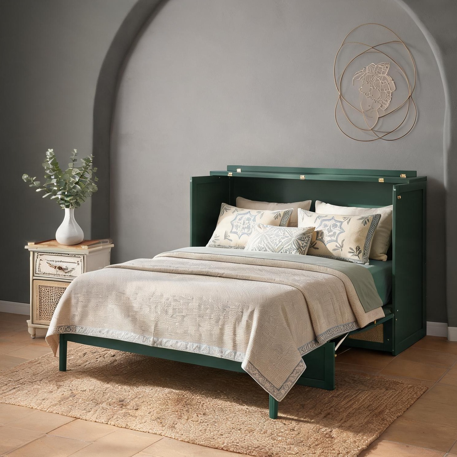 Watnature Sage green MDF queen Murphy bed with storage drawers space ...