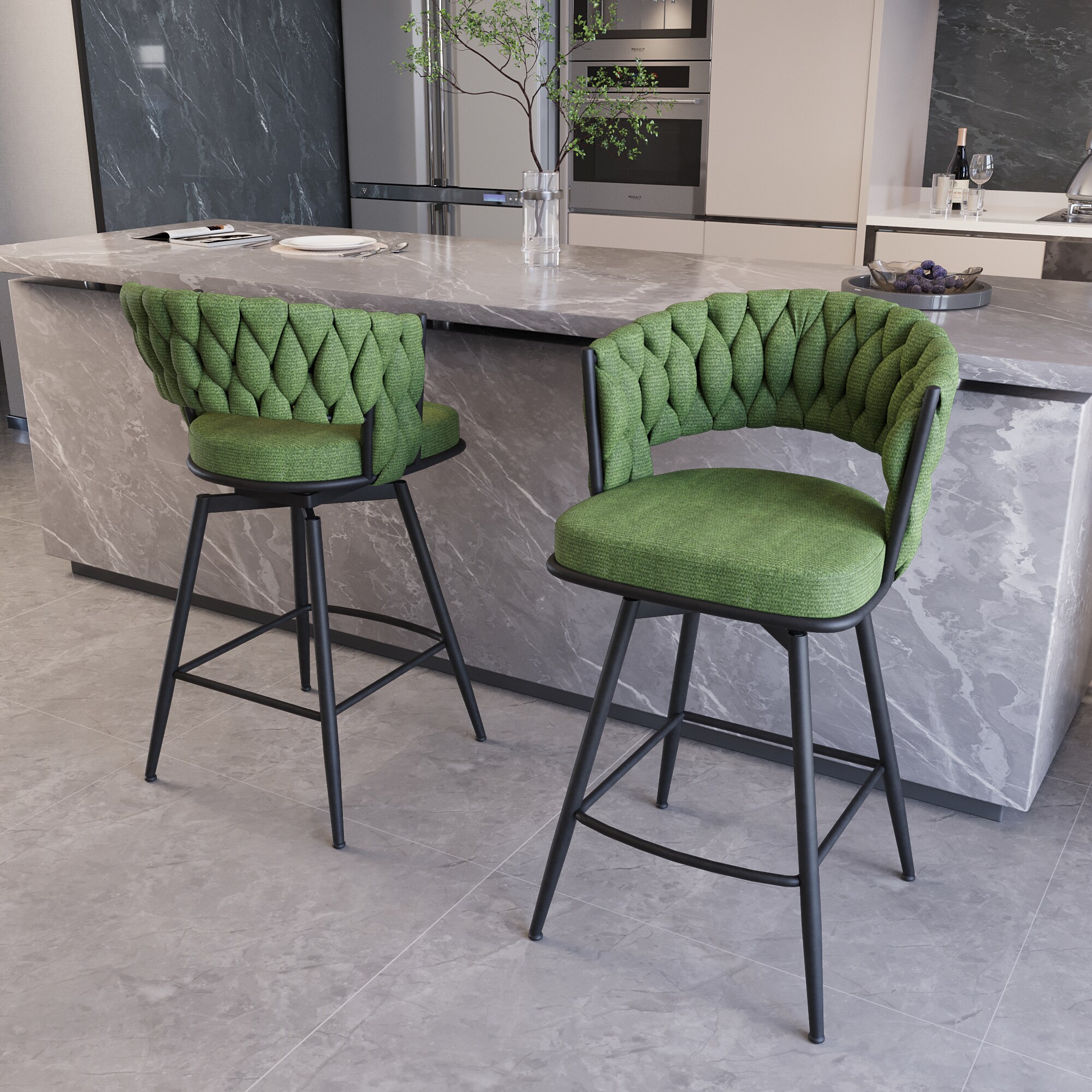 LOVMOR 26in Bar Chair Linen Woven Bar Stool Set of 2 Black legs ...