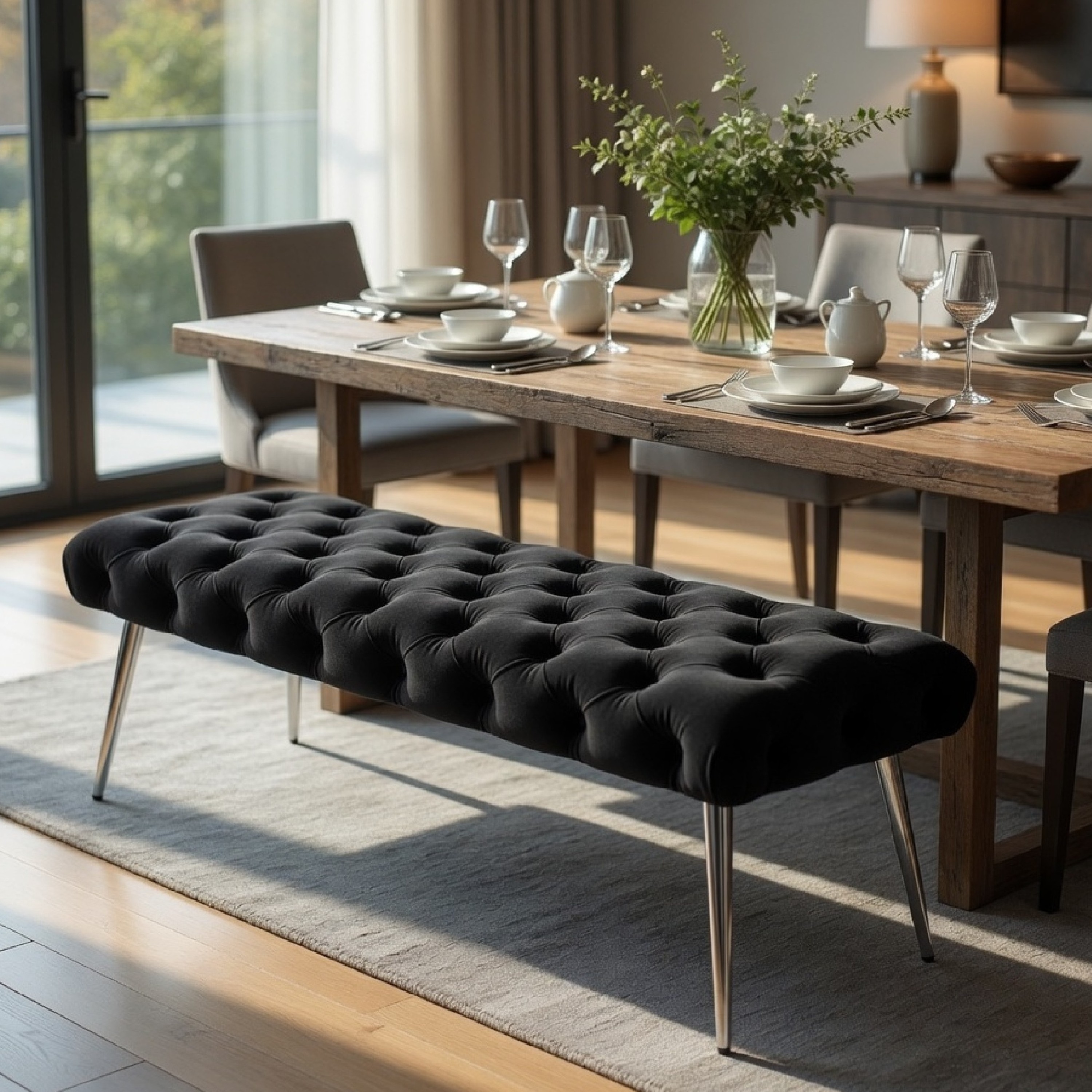 Benzara Lila Bench Foam Seat Button Tufted Black Velvet Chrome Legs 47 ...