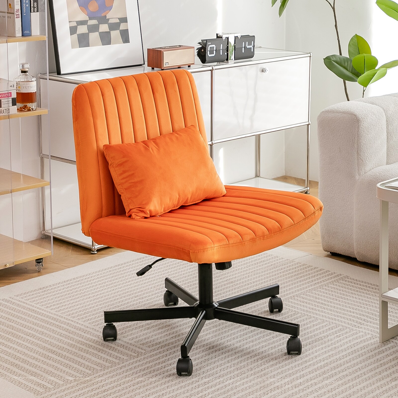 LOVMOR Orange Velvet Criss Cross Armless Office Chair with Wheels ...