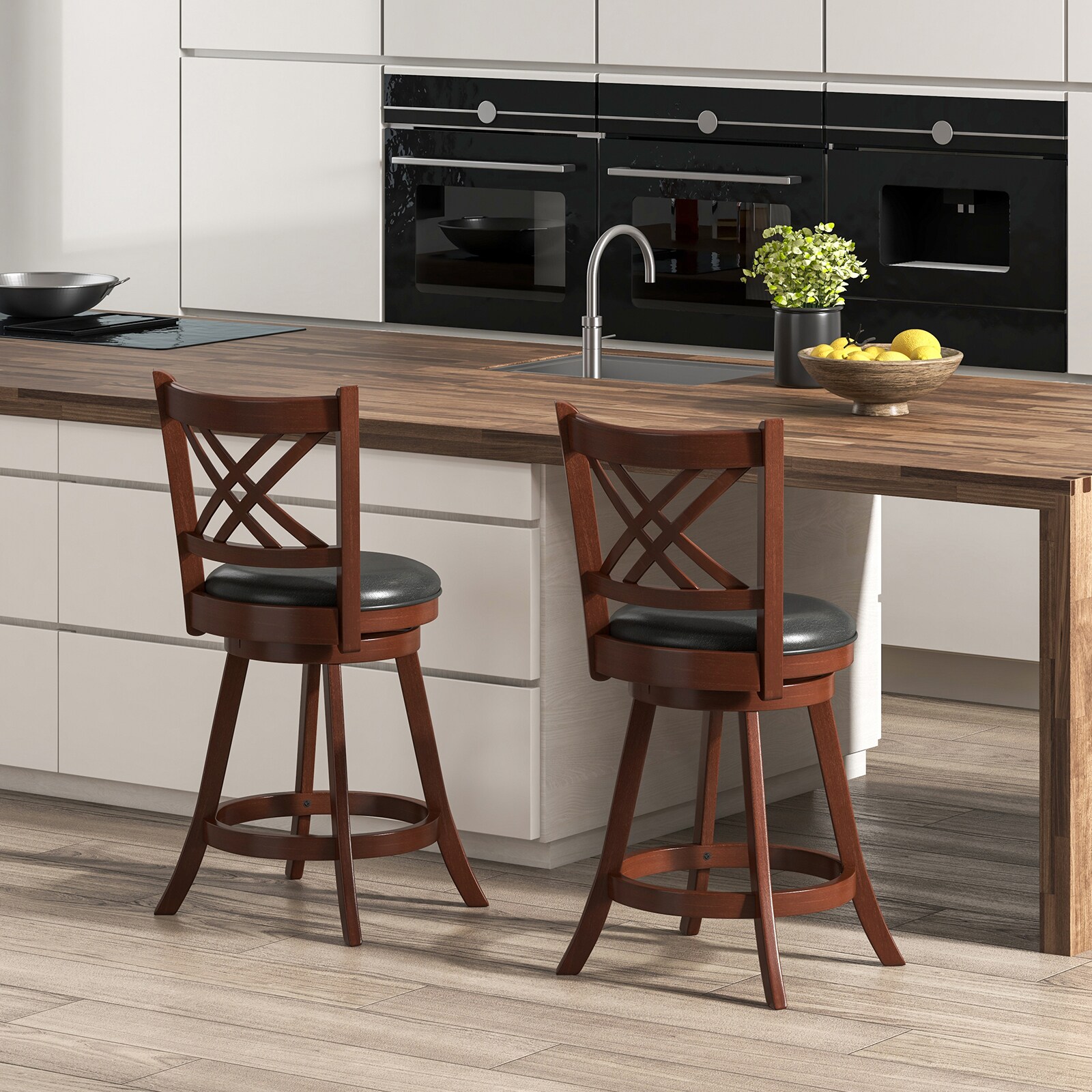 Slickblue Set of 2 Swivel Upholstered Bar Stools with Back Black PU ...