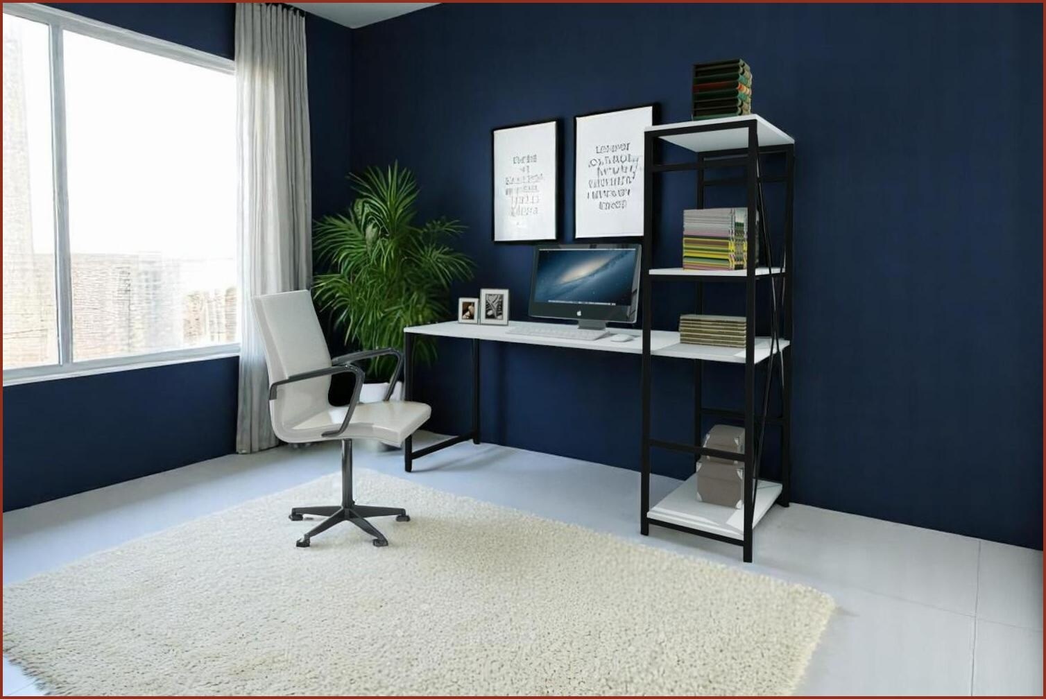 SunJet Desks Modern 58 Wooden Top Black Metal Frame 2 Shelves Writing ...