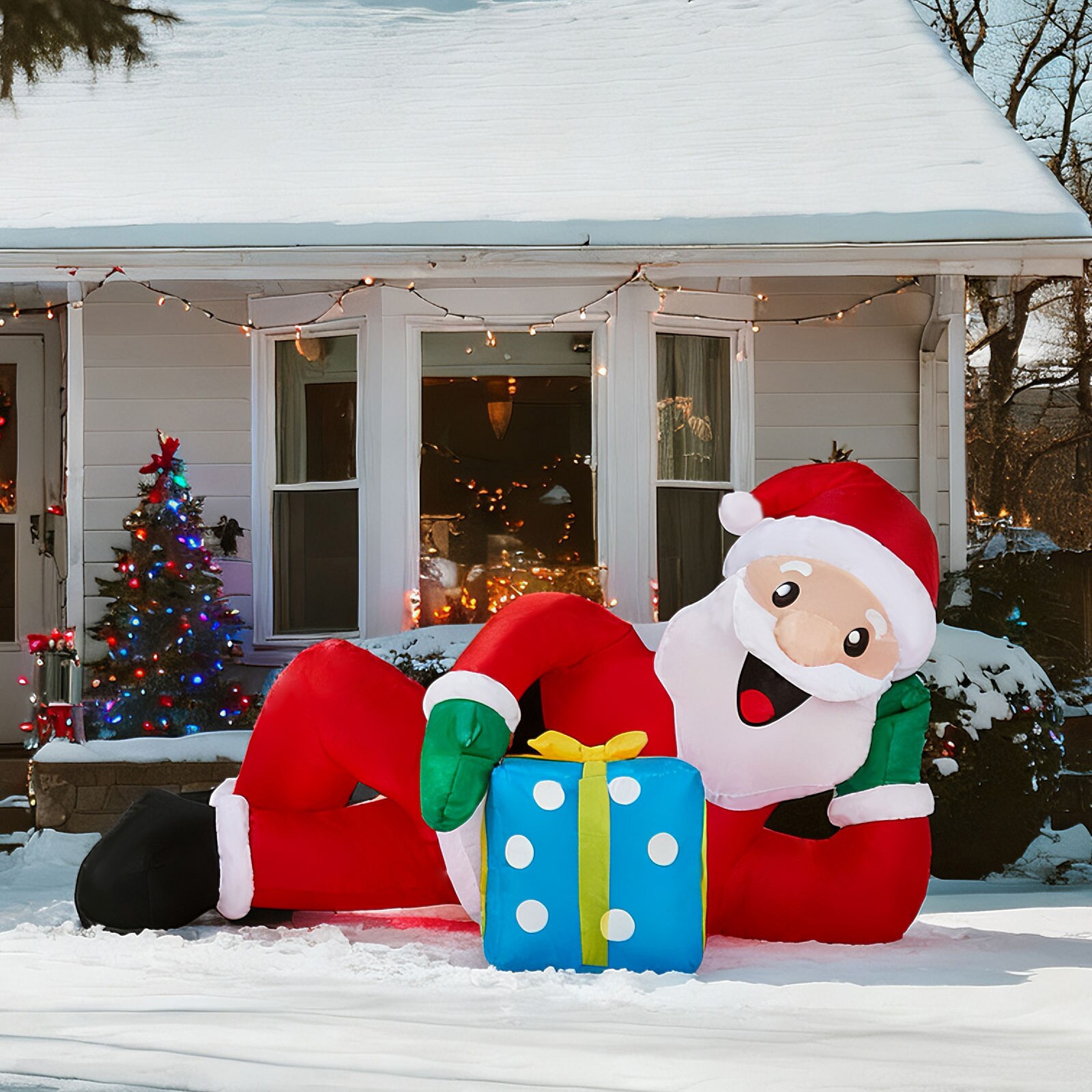 Zyerch Christmas Inflatable Lying Santa 7 White LEDs Gift Holding ...