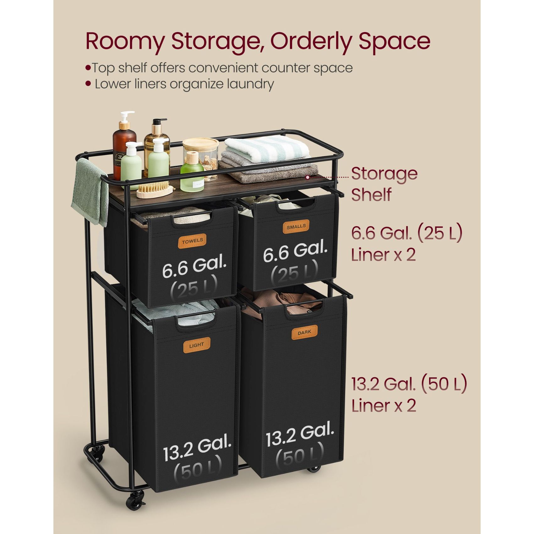 Slickblue 4-Section Ink Black Laundry Sorter with Wheels Labeled ...