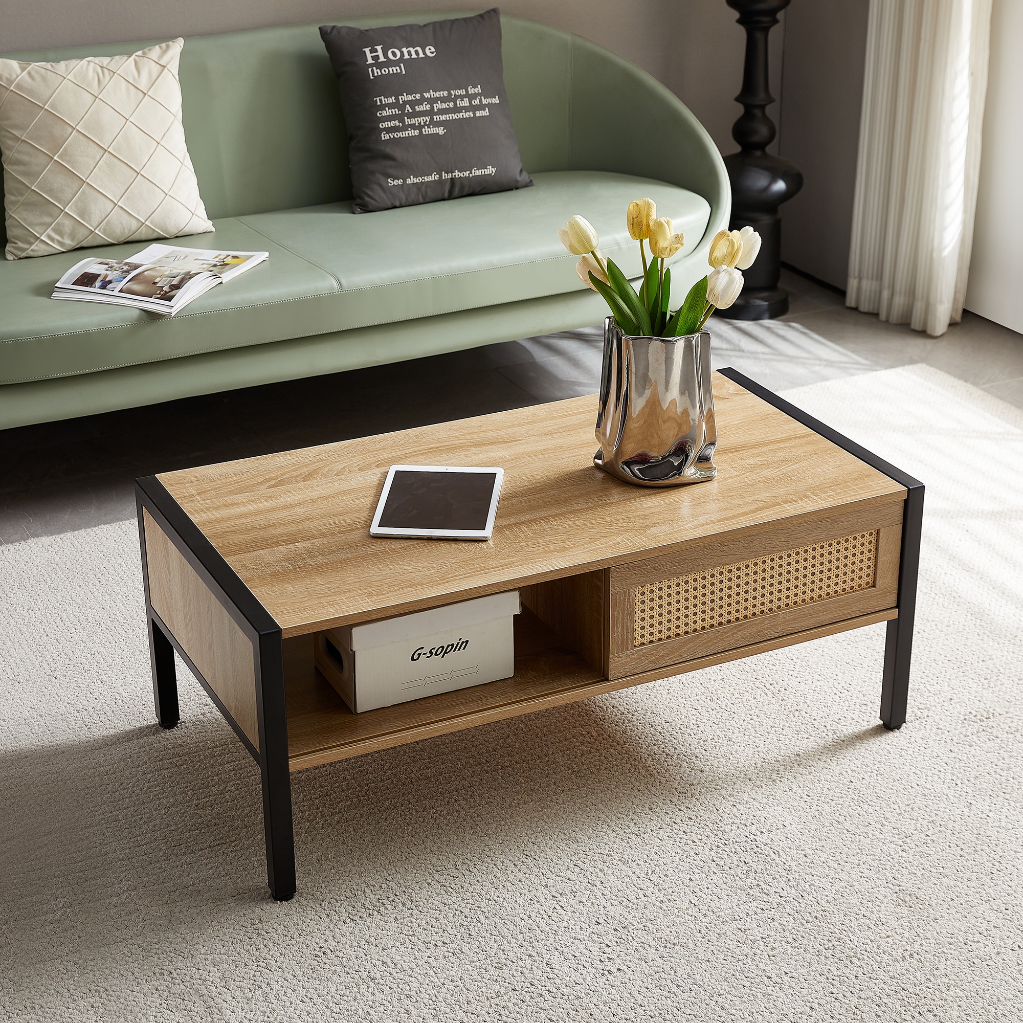 LUXEYARD 40.16Inch Rattan Coffee table sliding door for storage metal ...