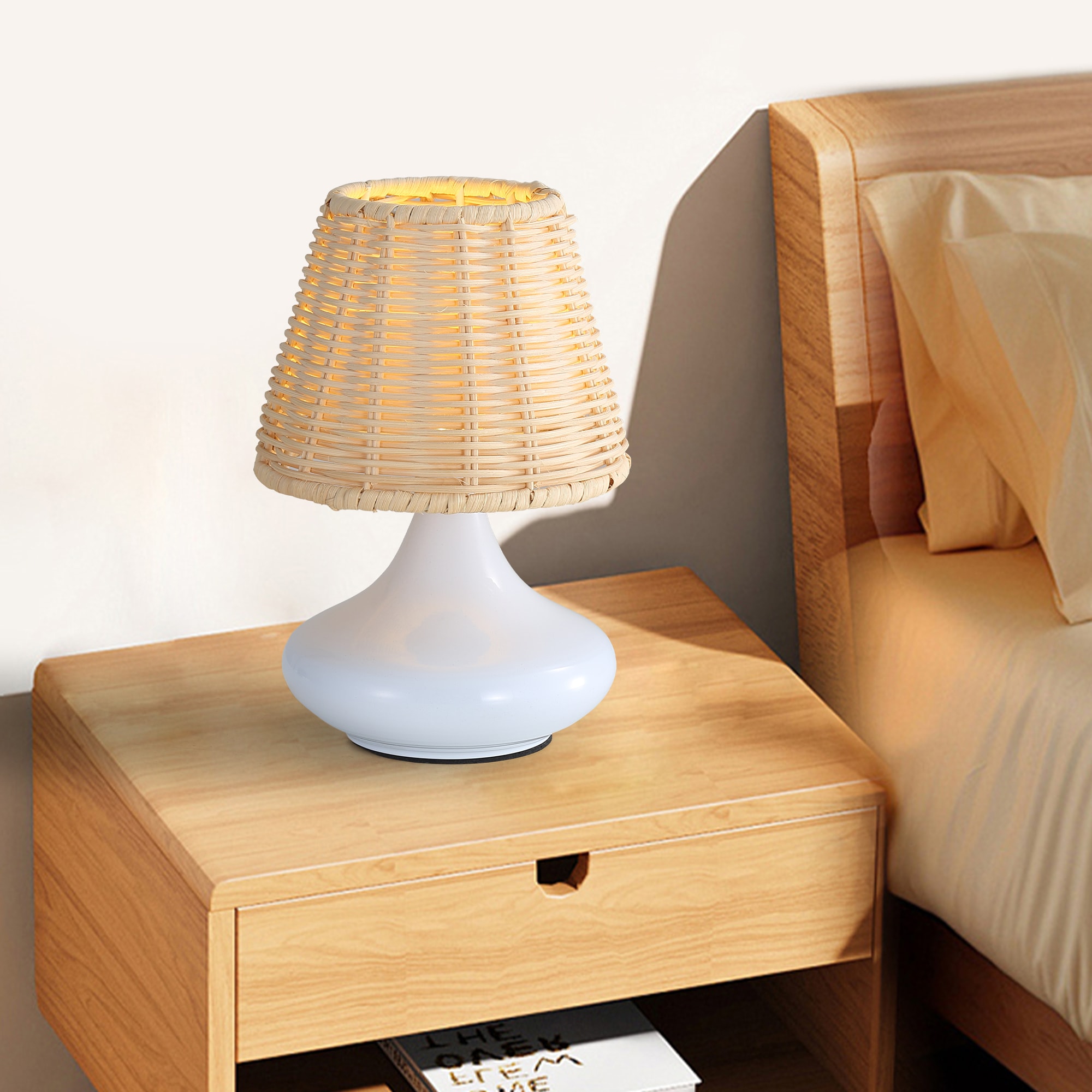 Tenleaf 7.87 Inches White Woven Bamboo Table Lamp Dimmable Night Light ...