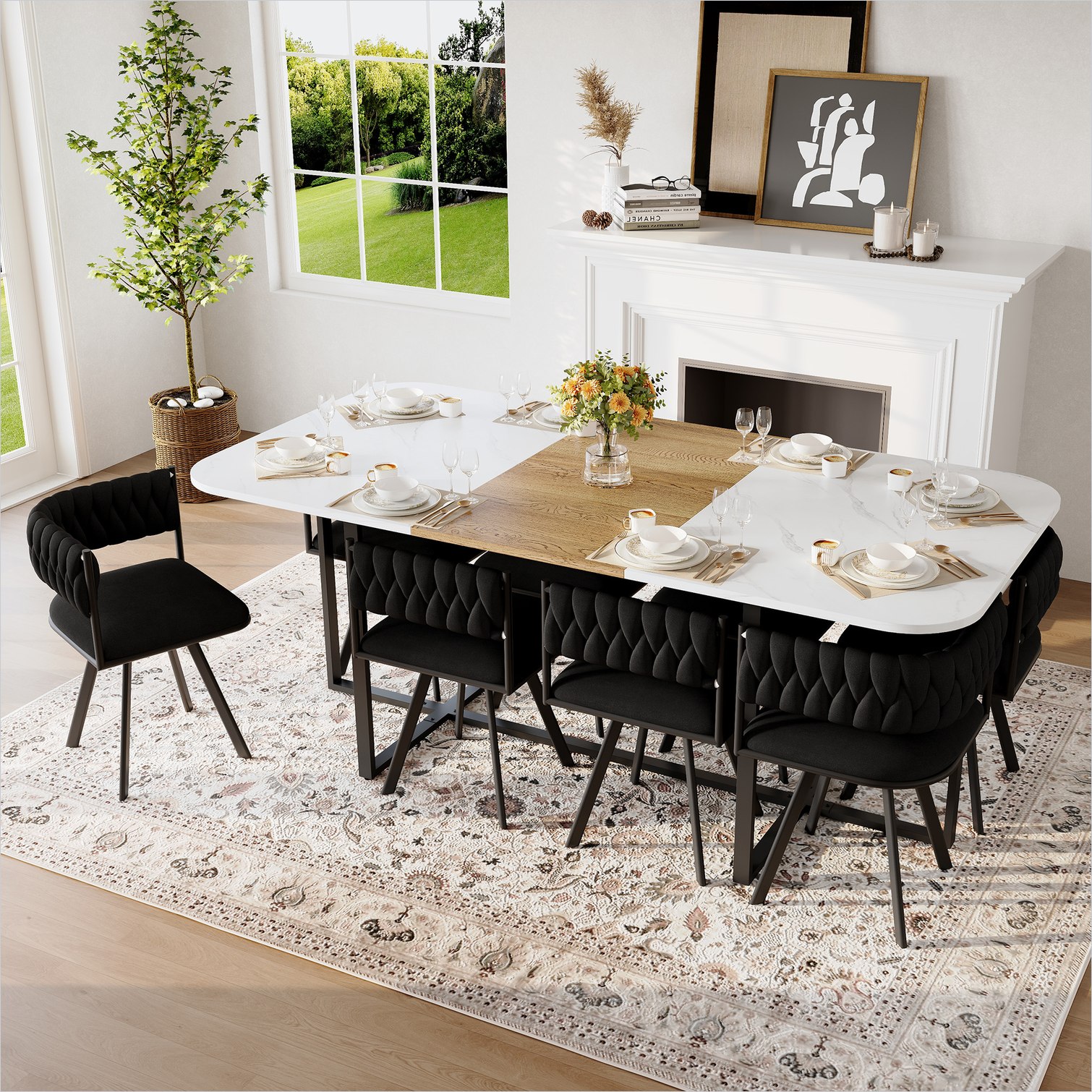 Watnature 8-Person Square Dining Set with Marble Wood Table 8 Velvet ...