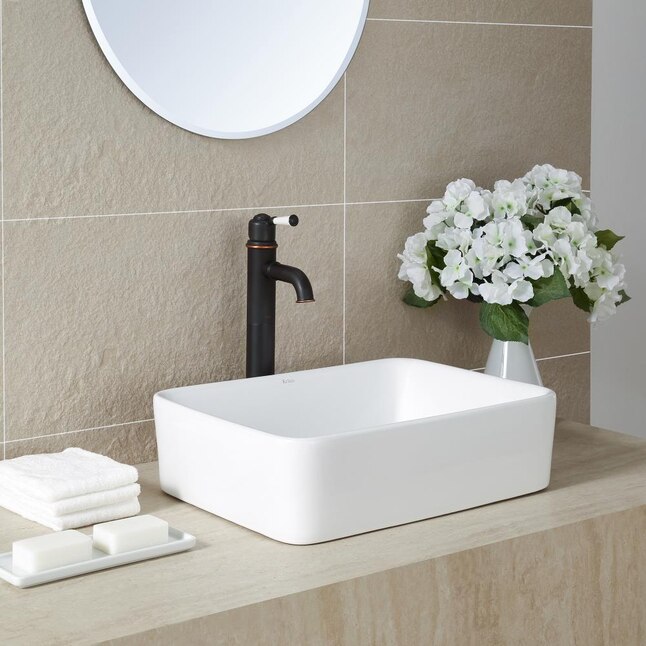 Kraus White Ceramic Vessel Rectangular Traditional Bathroom Sink With