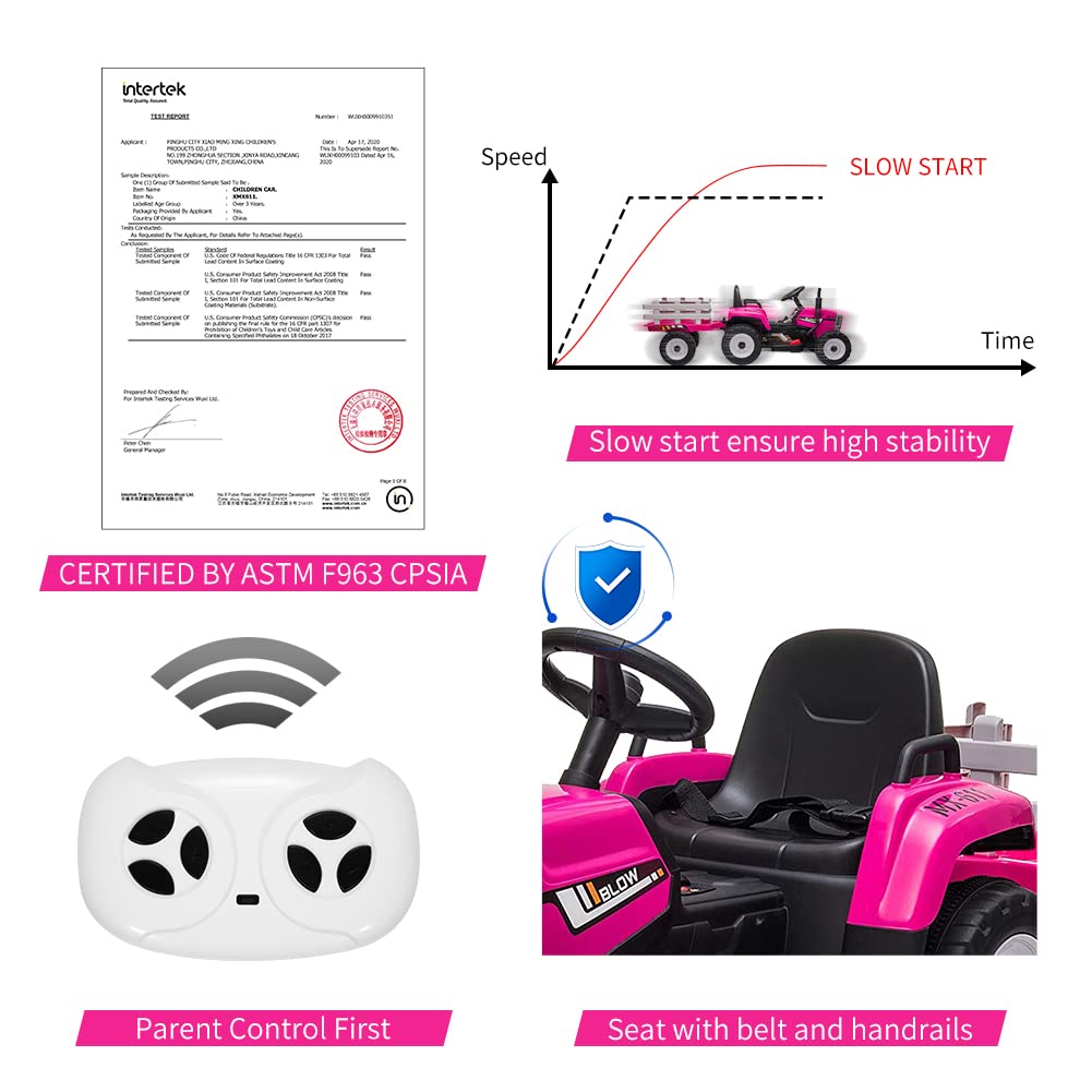 Garvee 12V Kids Ride-On Tractor w/Remote and Trailer - 5mph LED Lights ...