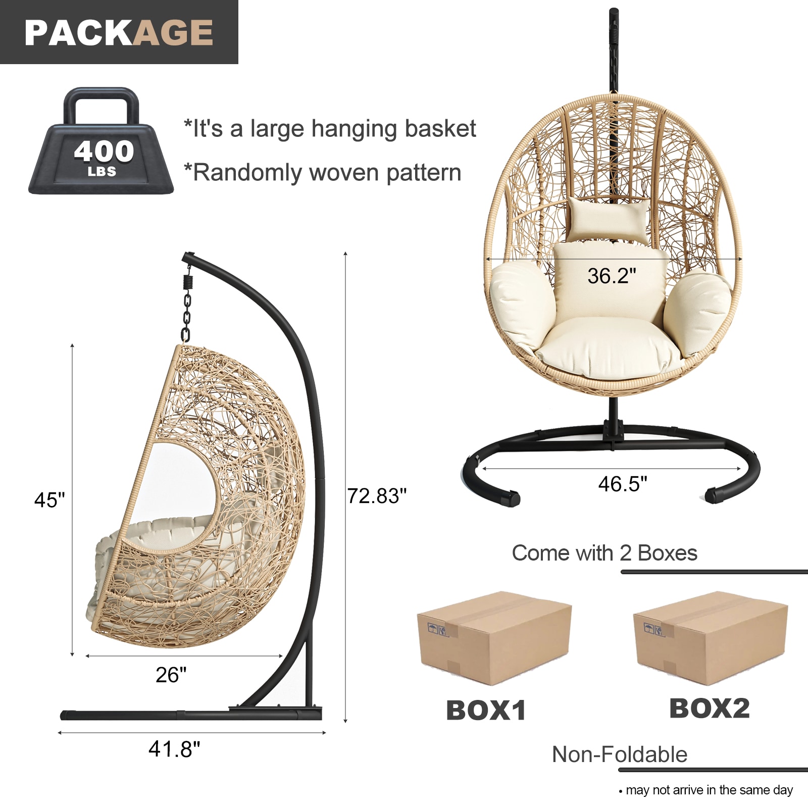 Dimakai Wicker Beige Metal Frame Hanging Egg Chair with Beige Cushioned ...
