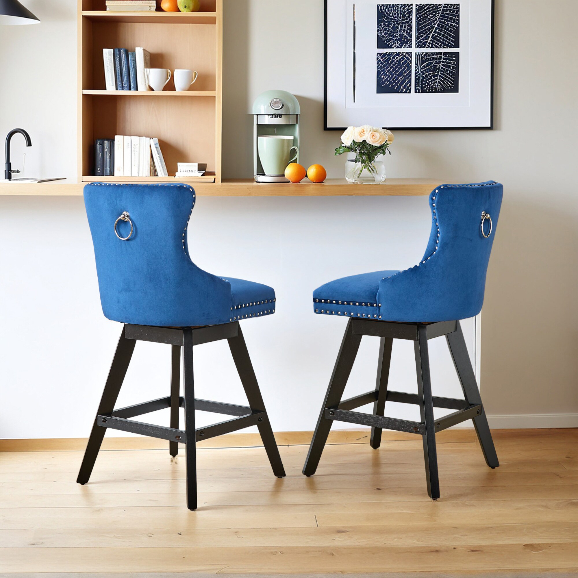 Hrinhom BLUE 25.9-in H Tall Upholstered Swivel Wood Bar Stool in the ...