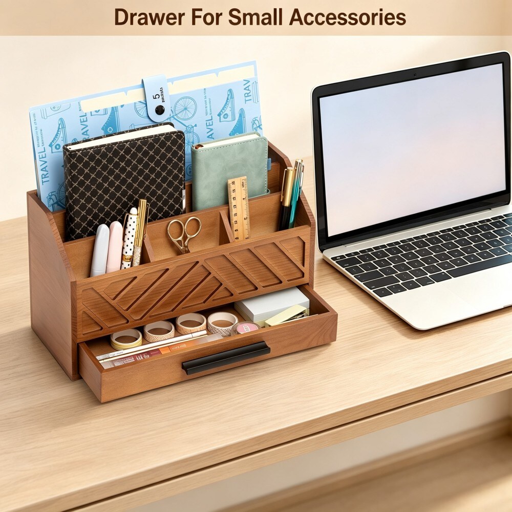 MOEPISY Wood Desk Organizer with Drawer and File Holder Office Mail ...