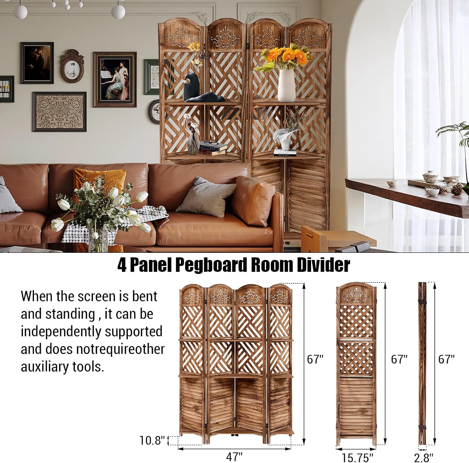 Garvee 4 Panel 67- in H Wooden Privacy Screen Room Divider Panel with ...