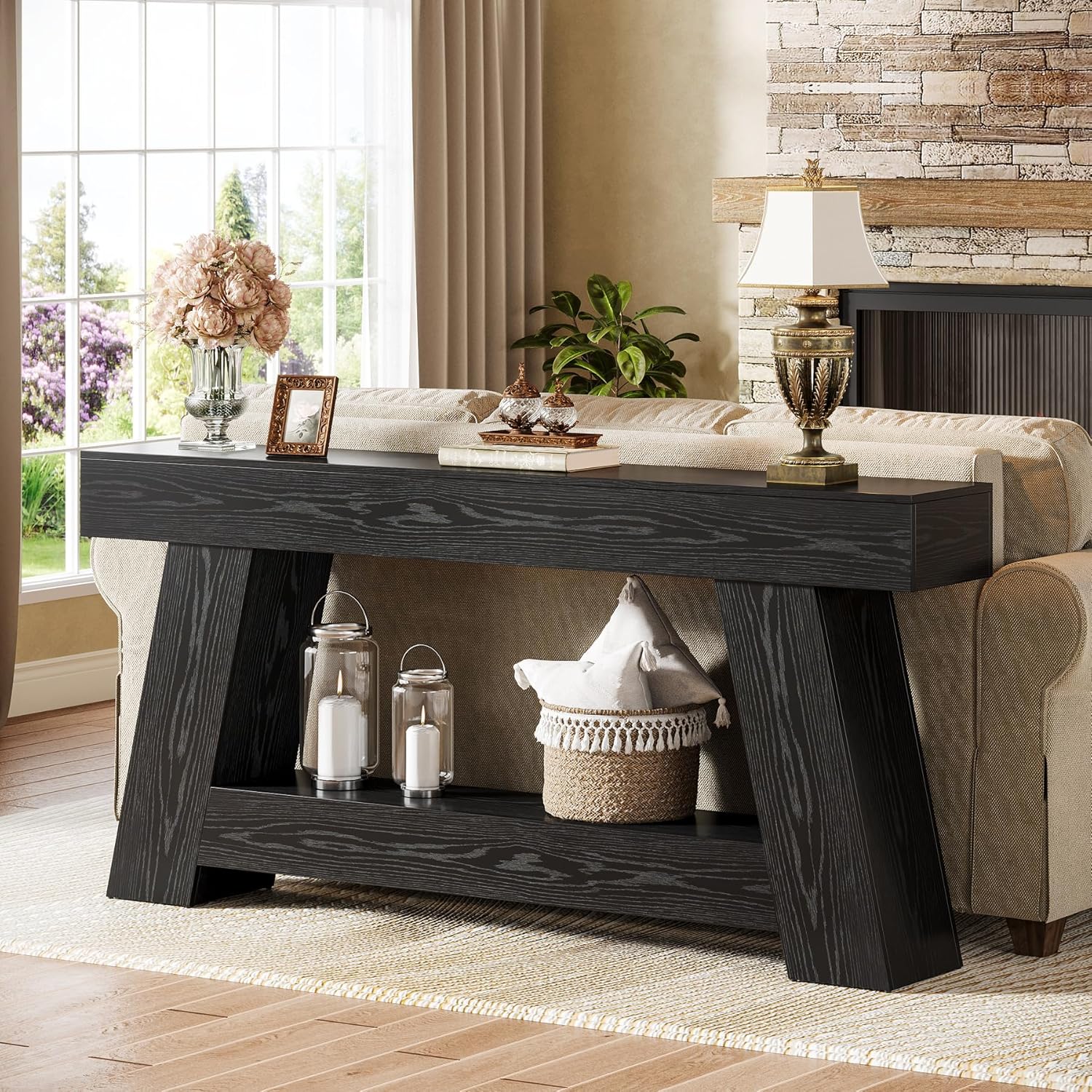 Tribesigns 70.9 inch Extra Long Farmhouse Console Table 2 Tier Wooden ...