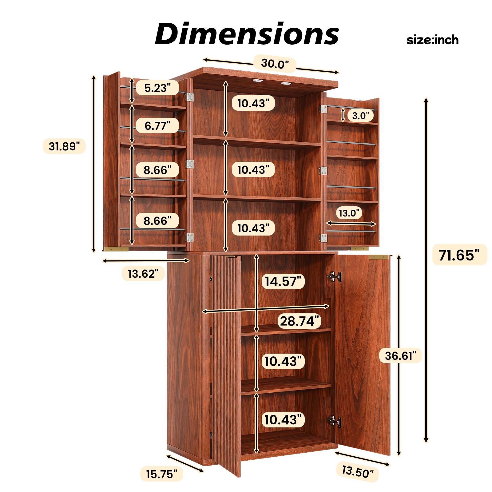GlasFlength 72-Inch Tall Kitchen Pantry Fluted Wood Storage Cabinet ...