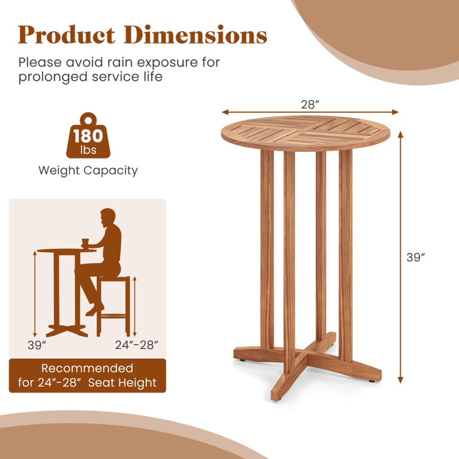 SUGIFT 39-in Outdoor Acacia Wood Bar Table with 28-in Round Slatted Top ...